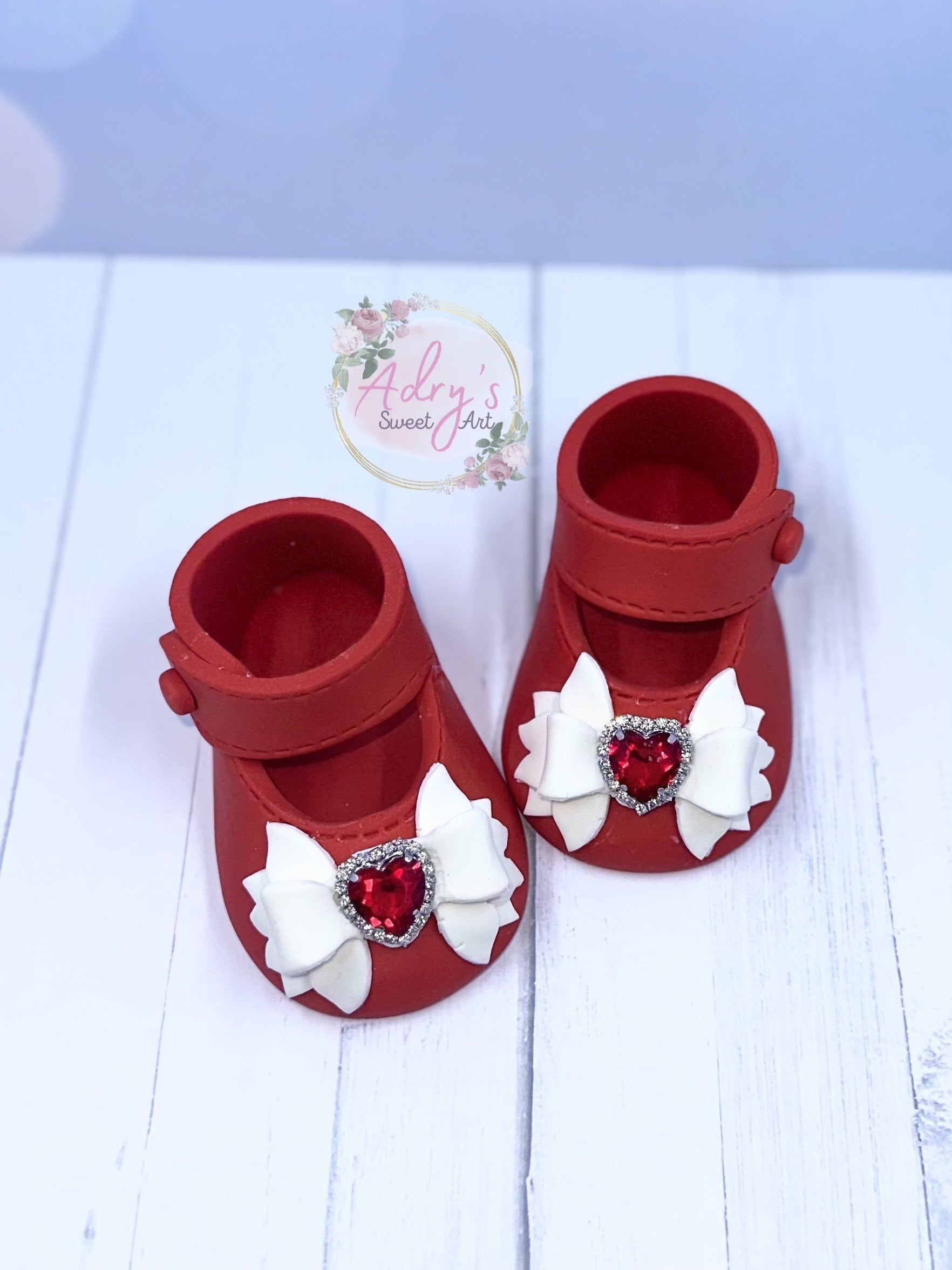 Gum Paste Baby Girl Red Shoes with White Bow and Rhinestones Cake ...