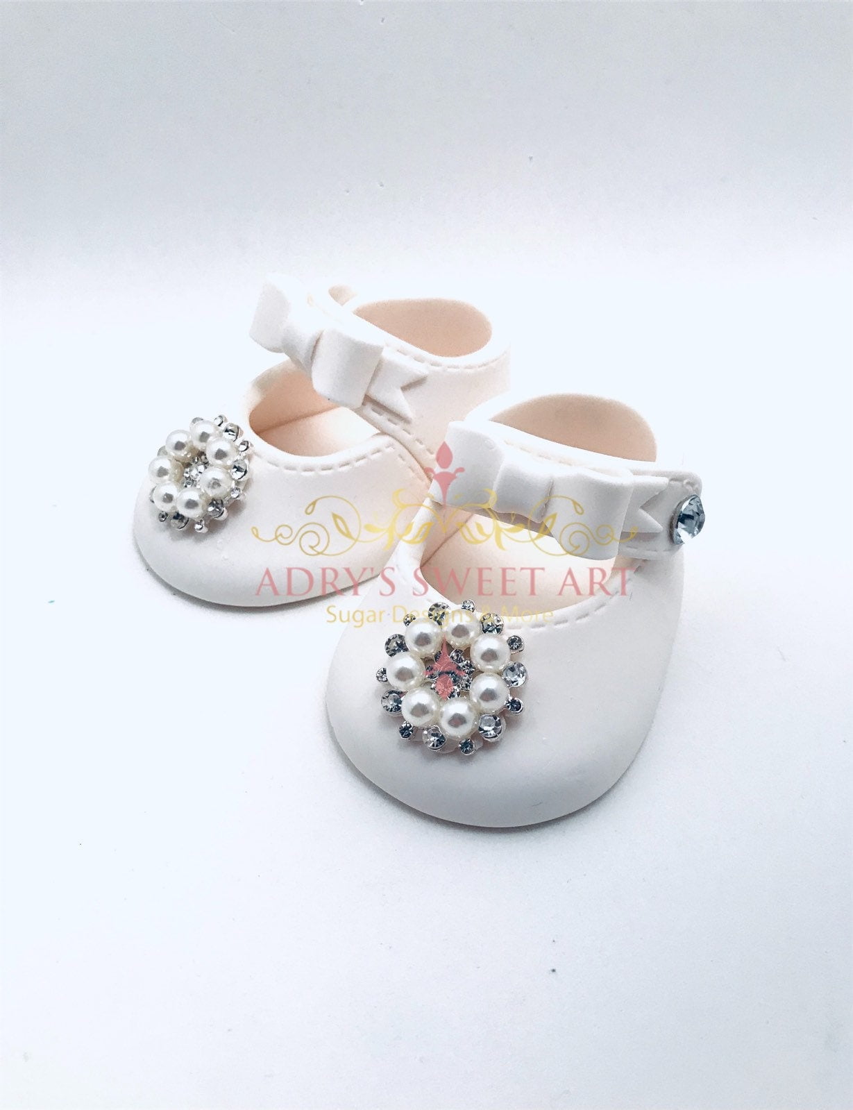 Gum Paste Baby Girl White Shoes With Rhinestones Flower Cake Topper ...