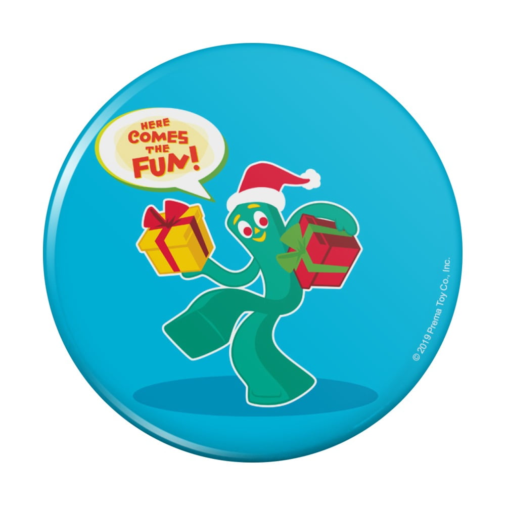 Gumby In Santa Hat With Gifts Here Comes The Fun Pinback Button Pin ...
