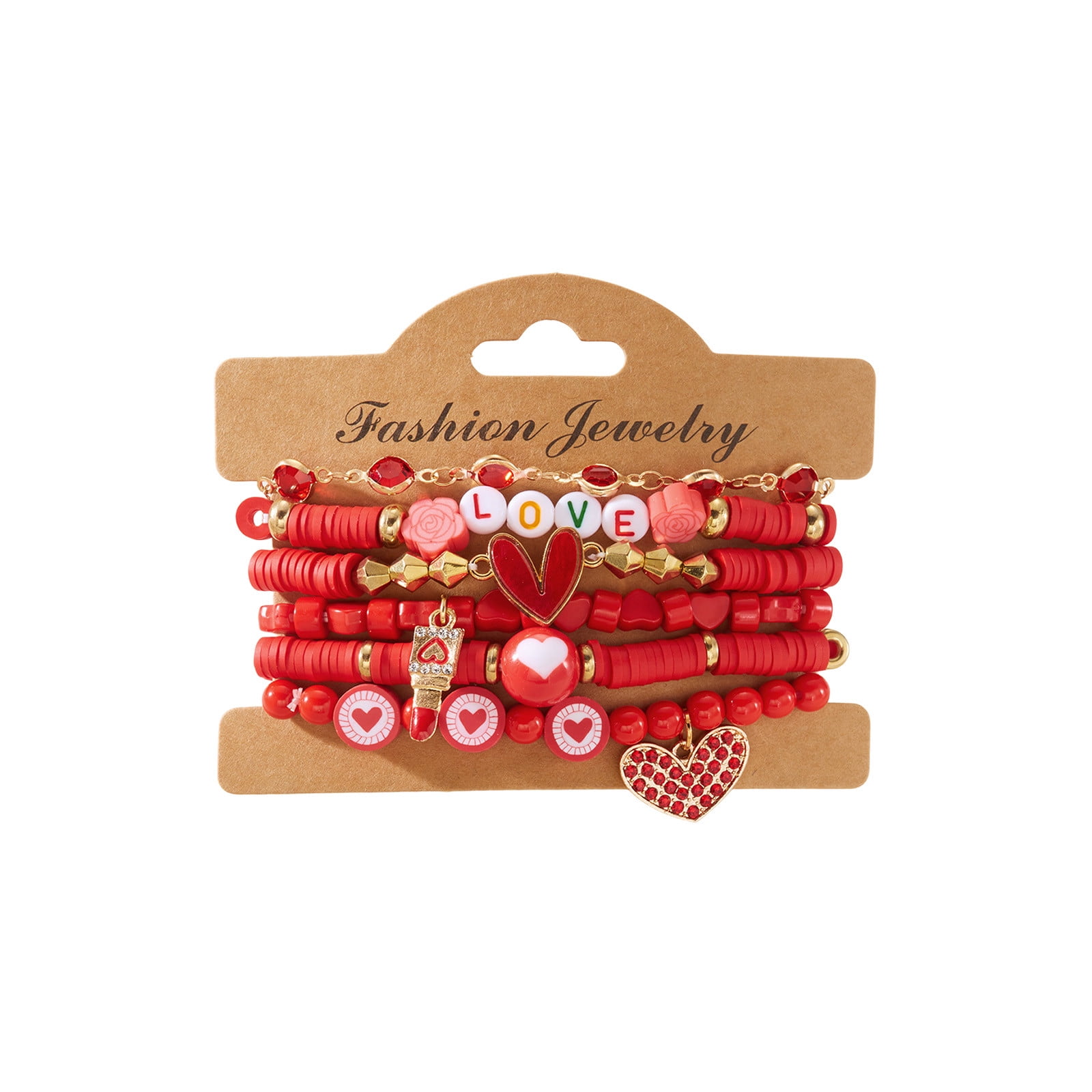 Gumesh Valentine’s Day Bracelet Set for Women - 5PC Red Heart Beaded ...