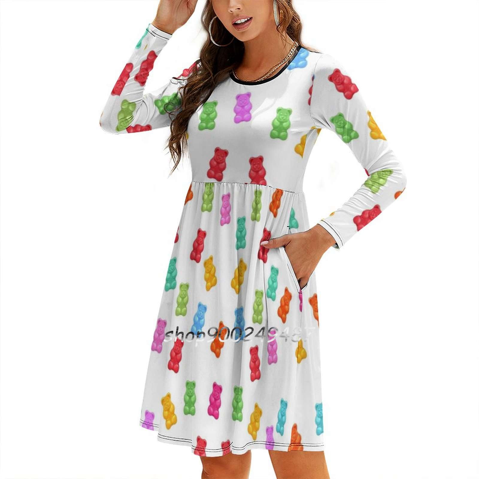 Gummy Bear Pattern Square Neck Dress New Plus Size Elegant Women Waist ...