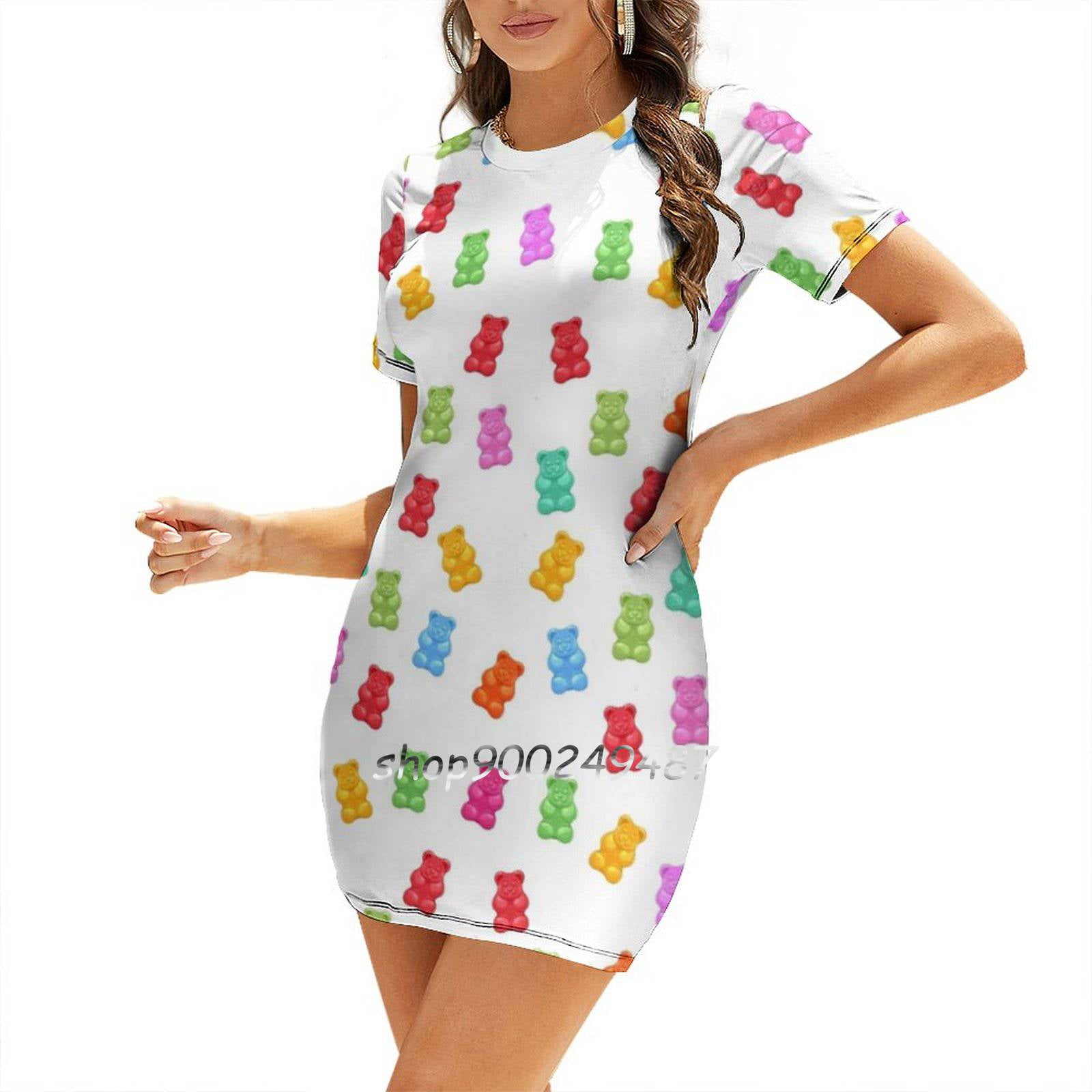 Gummy Bear Pattern Square Neck Dress New Plus Size Elegant Women Waist ...