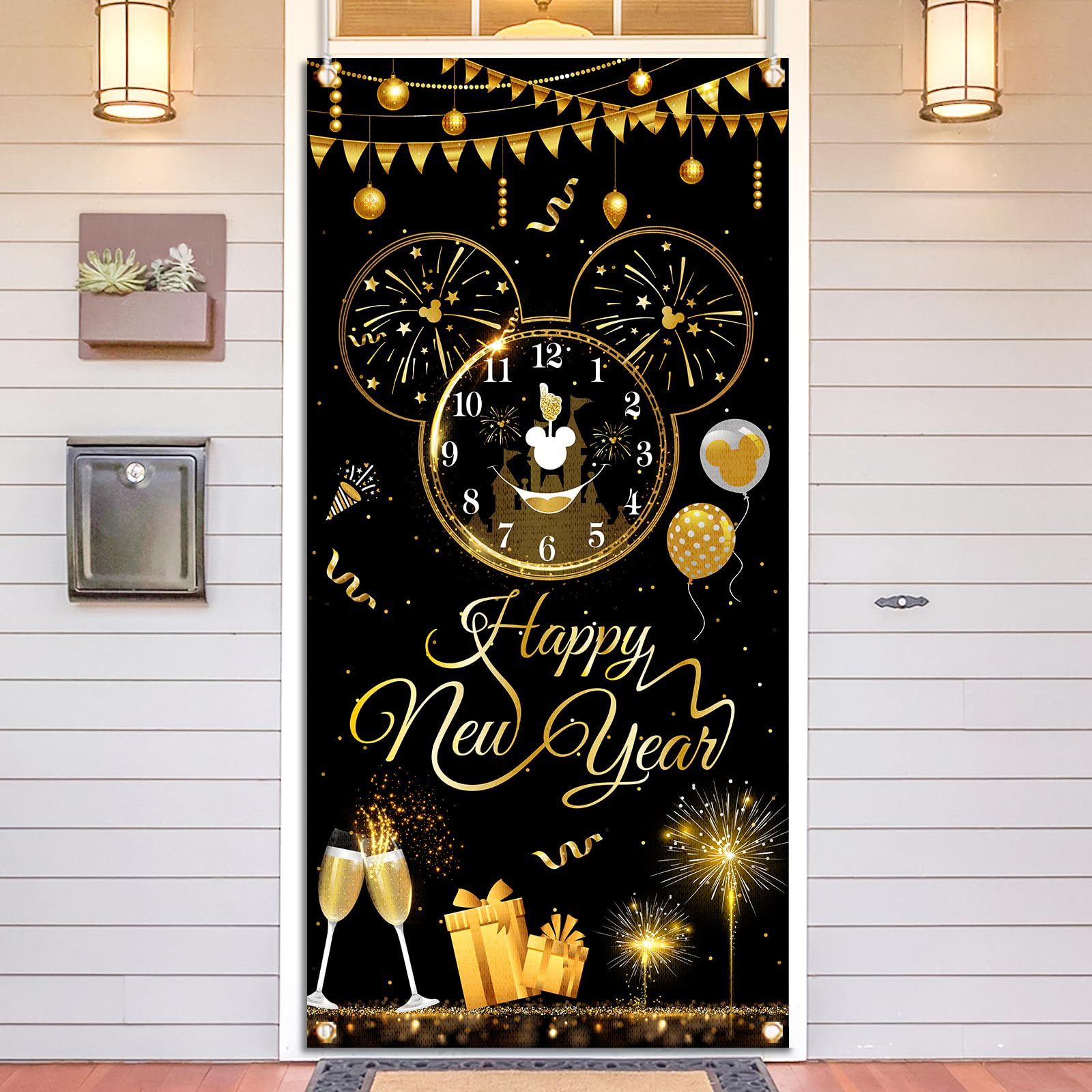 Gumwaqu Mouse Happy New DHF10 Year Door Cover, Black and Gold Cartoon Mouse Theme Door Sign ...