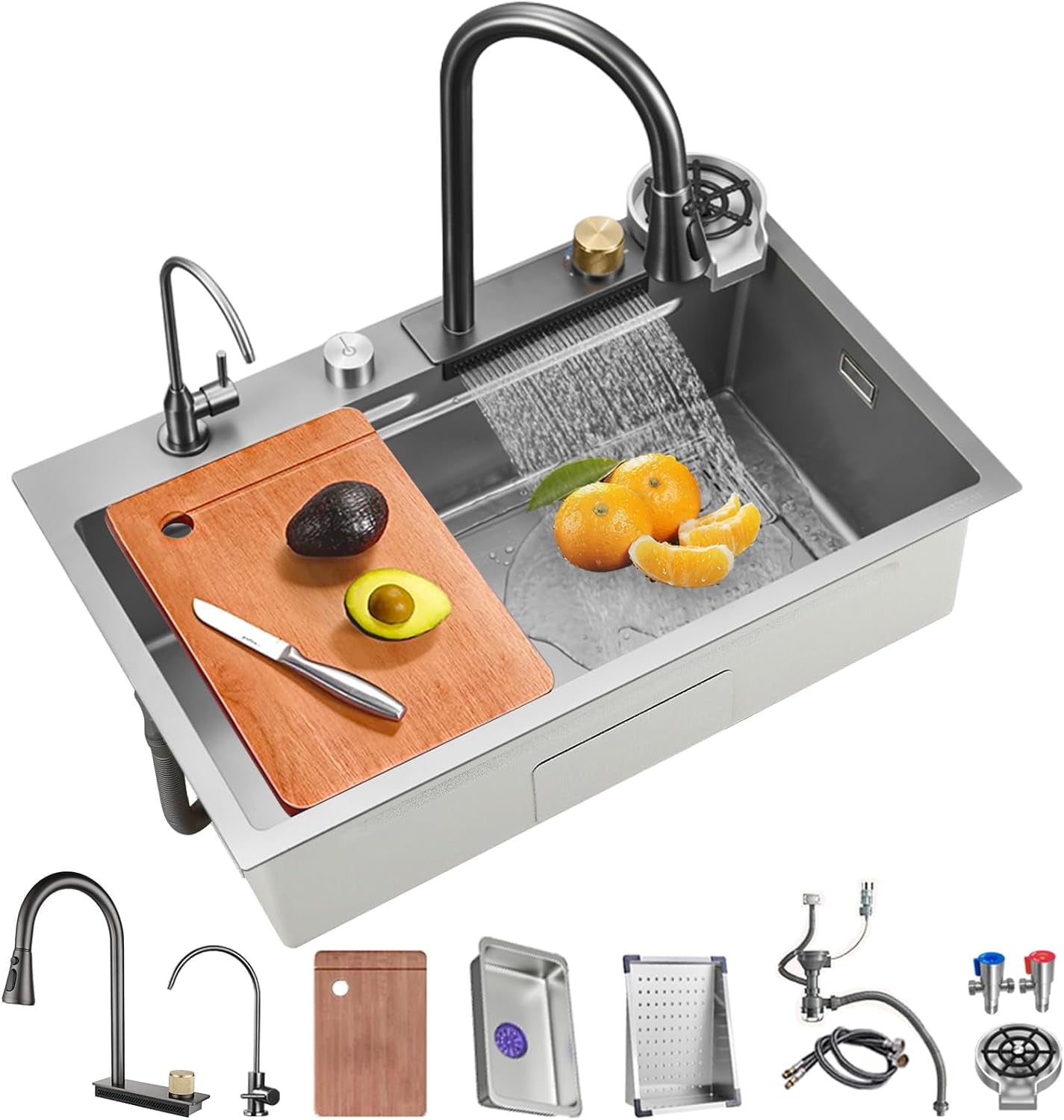 Gun Gray 26.8" Drop In Single Bowl Waterfall Kitchen Sink With Faucet ...