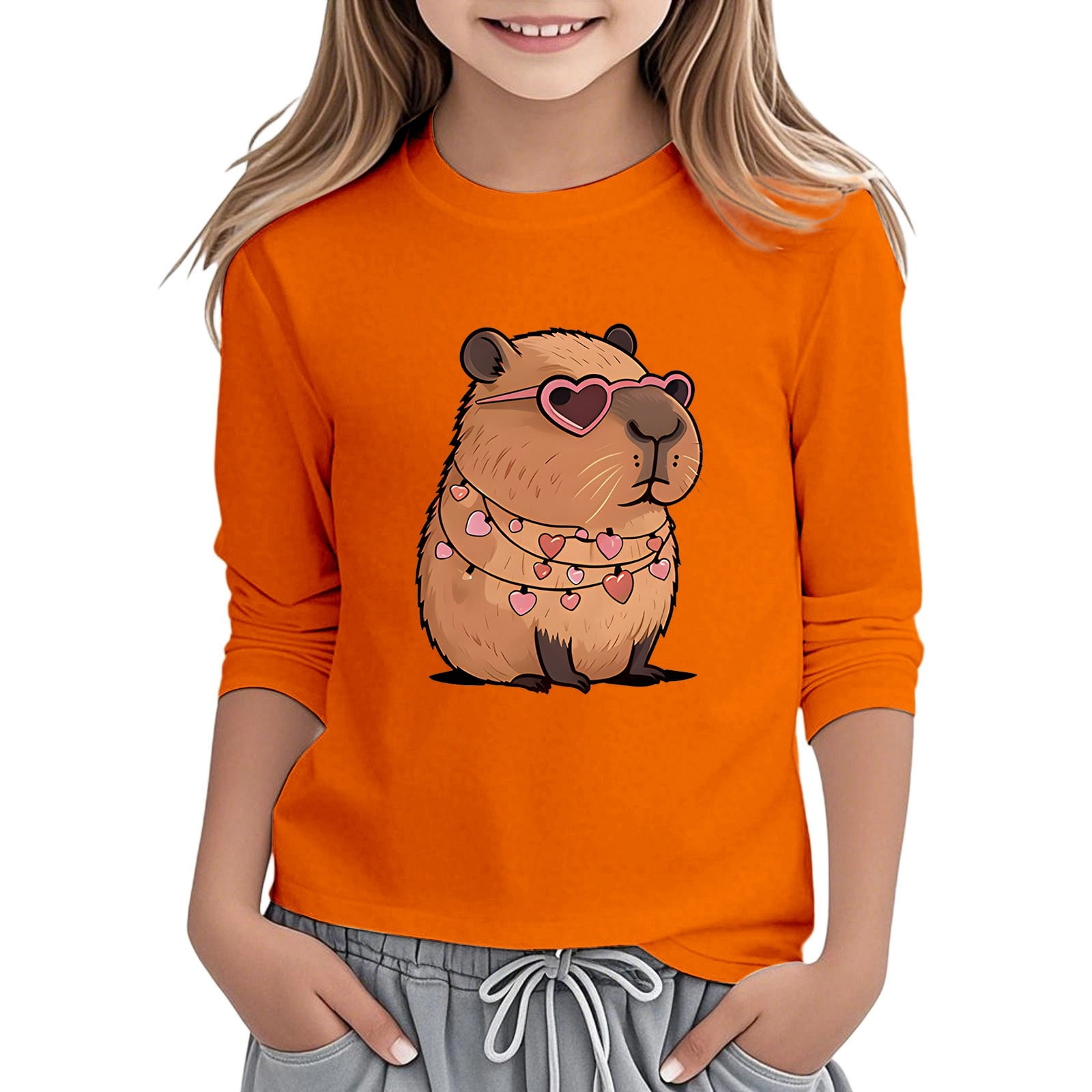 Gunia Cute Shirts for Teen Girls Casual Long Sleeve Tops Capybara Print Round Neck Tees for ...