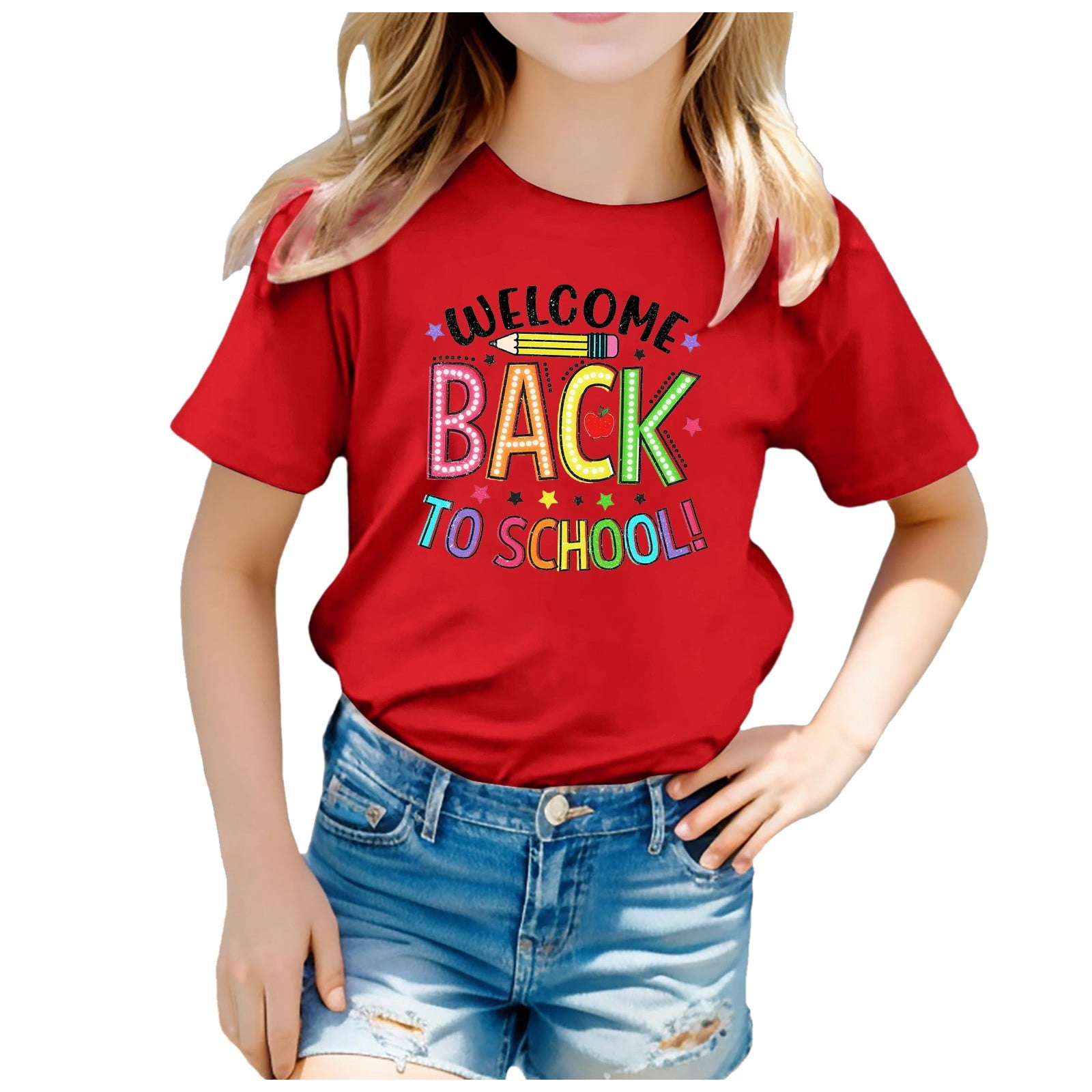 Gunia Girl Shirts Children Back To School Season Cute Graphic Print Round Neck Short Sleeve Tee ...