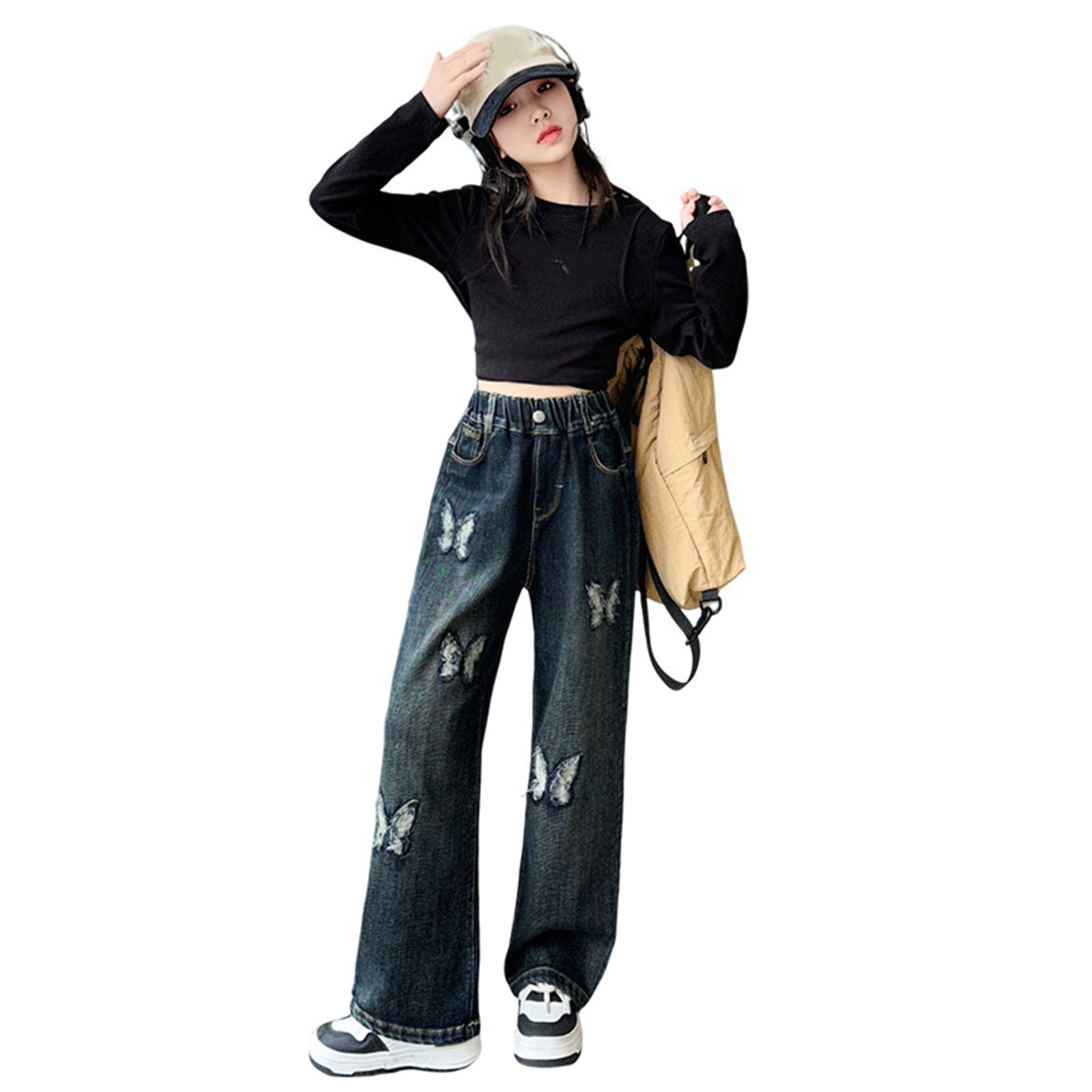 Gunia Kids Girls Pants Jeans Distressed Elastic Waist Baggy Denim Wide ...