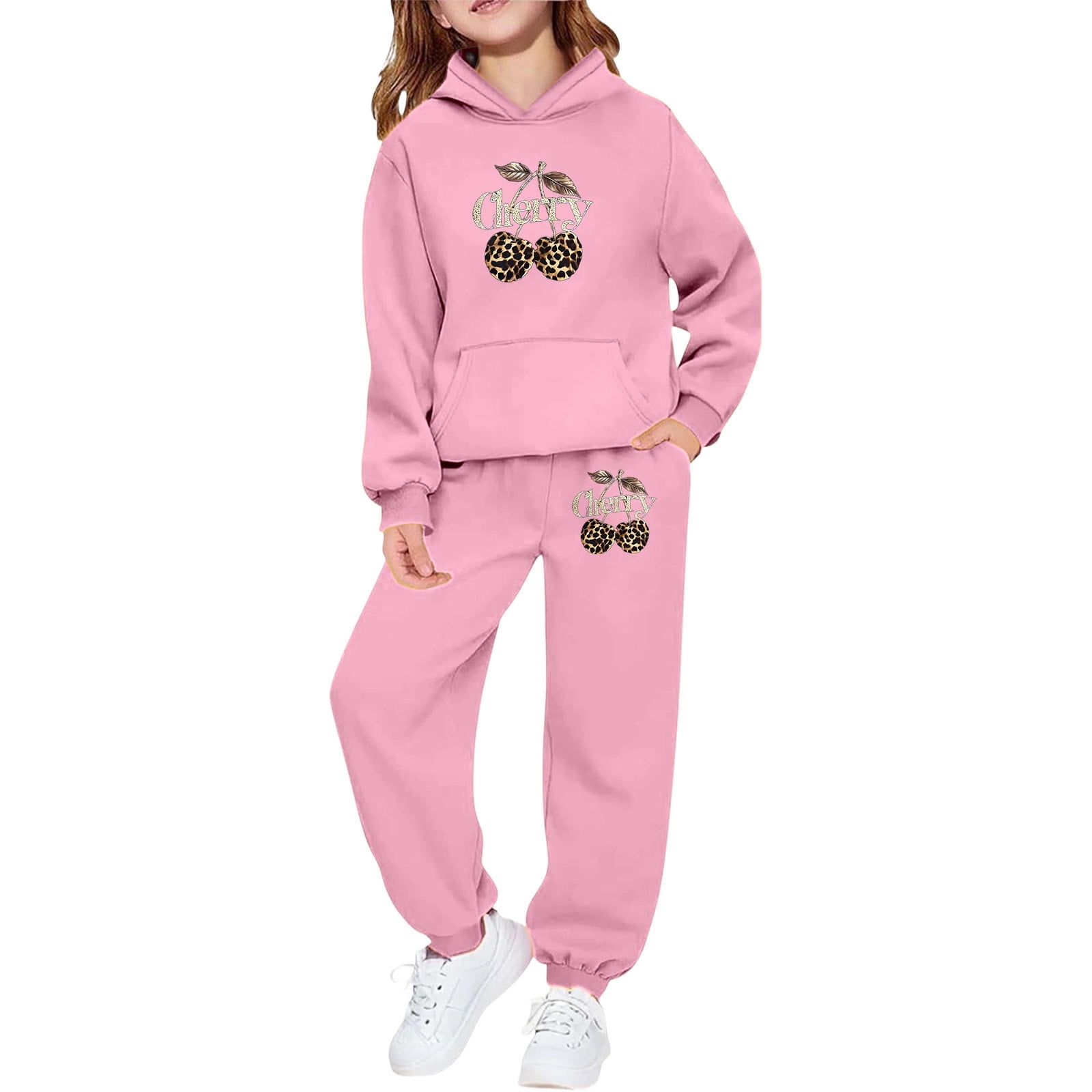 Gunia Kids Girls Tracksuit Set 2 Piece Hooded With Leopard Print Cherry ...