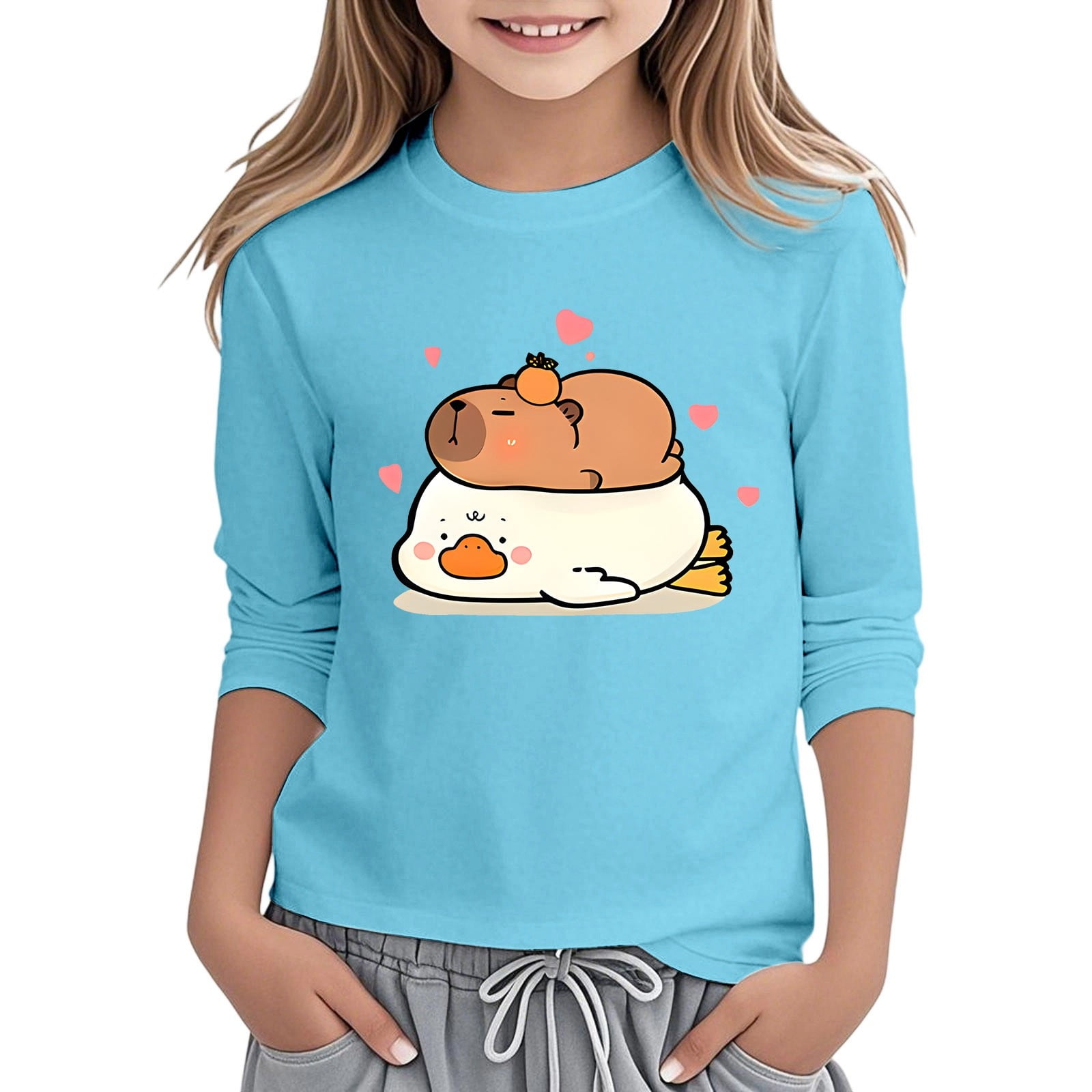Gunia Teen Girl Shirts Casual Long Sleeve Tops Capybara Print Round Neck Tees for Everyday Wear ...