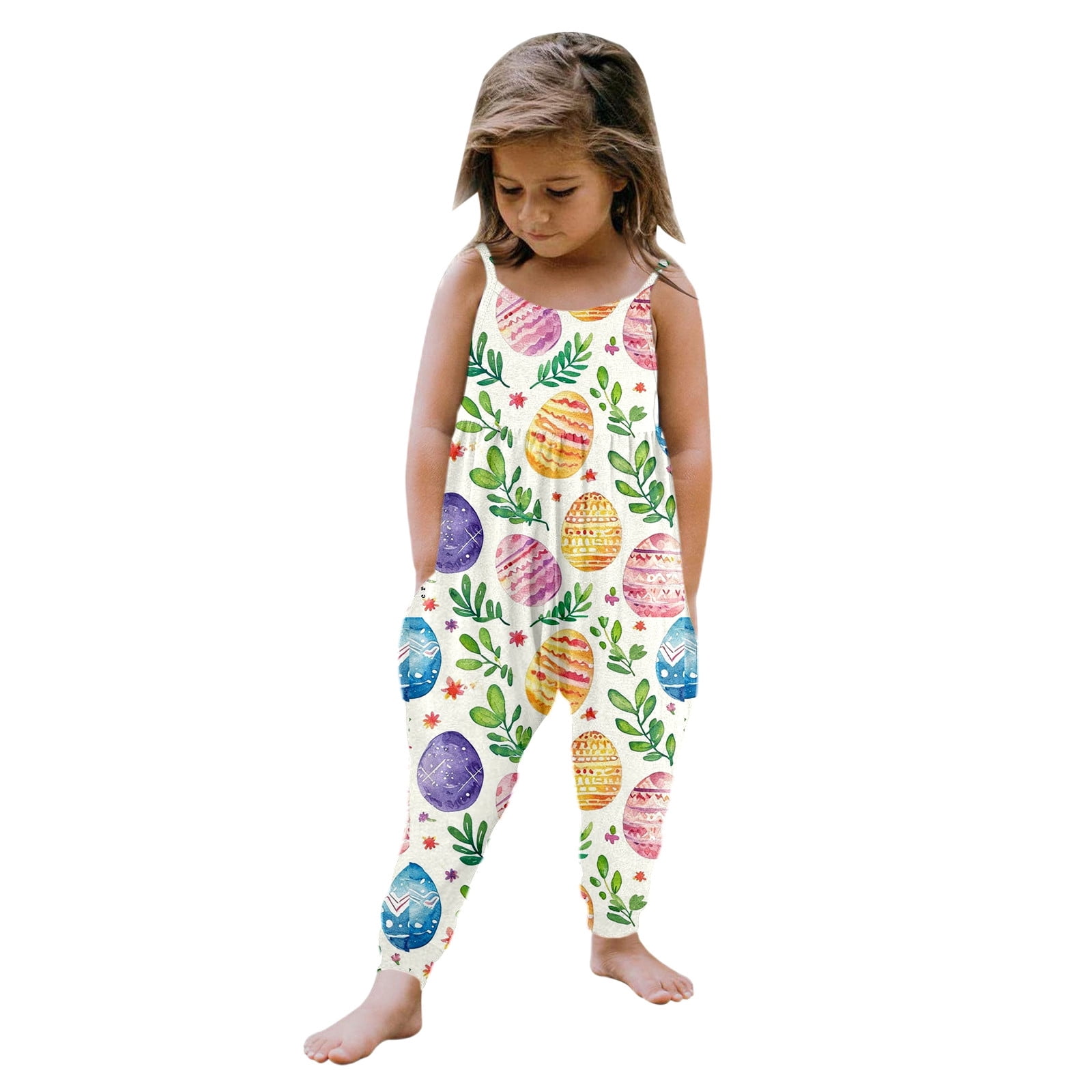Gunia Toddler Girls Easter Jumpsuit Outfits Bunny Egg Print Sleeveless ...