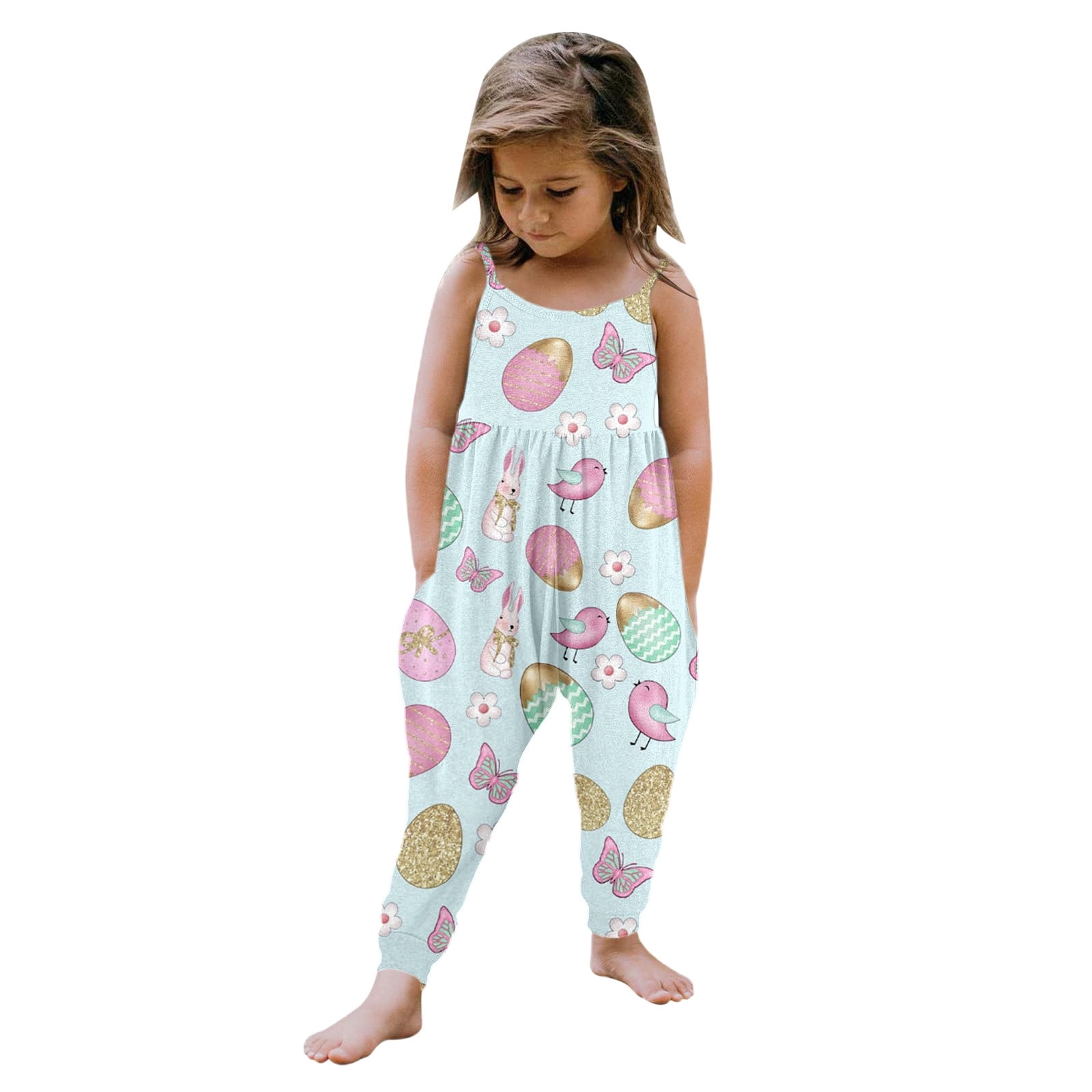 Gunia Toddler Girls Easter Jumpsuit Outfits Bunny Egg Print Sleeveless ...