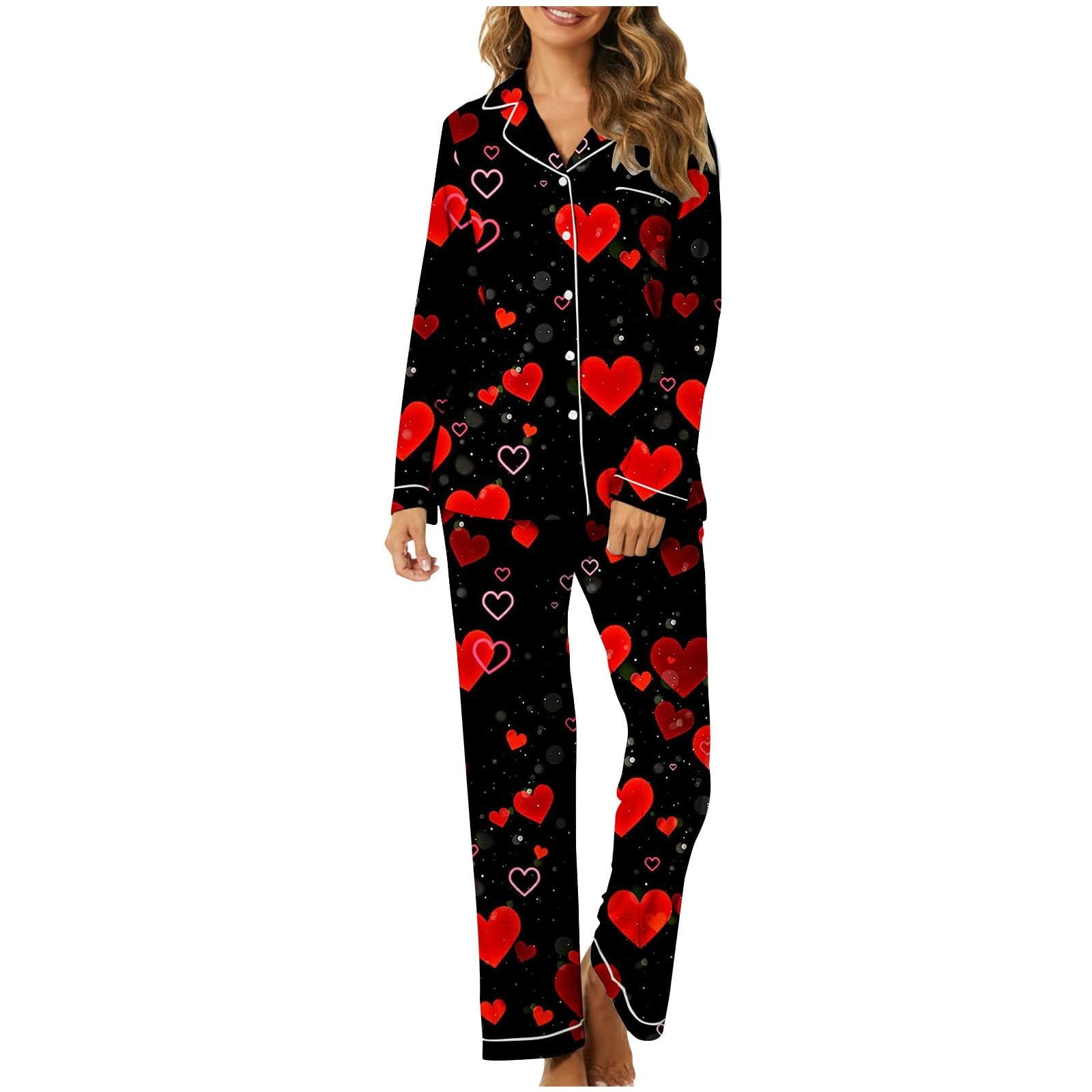 Gunia Valentines Pajamas Women Love Heart 2 Print Lady Button Long ...