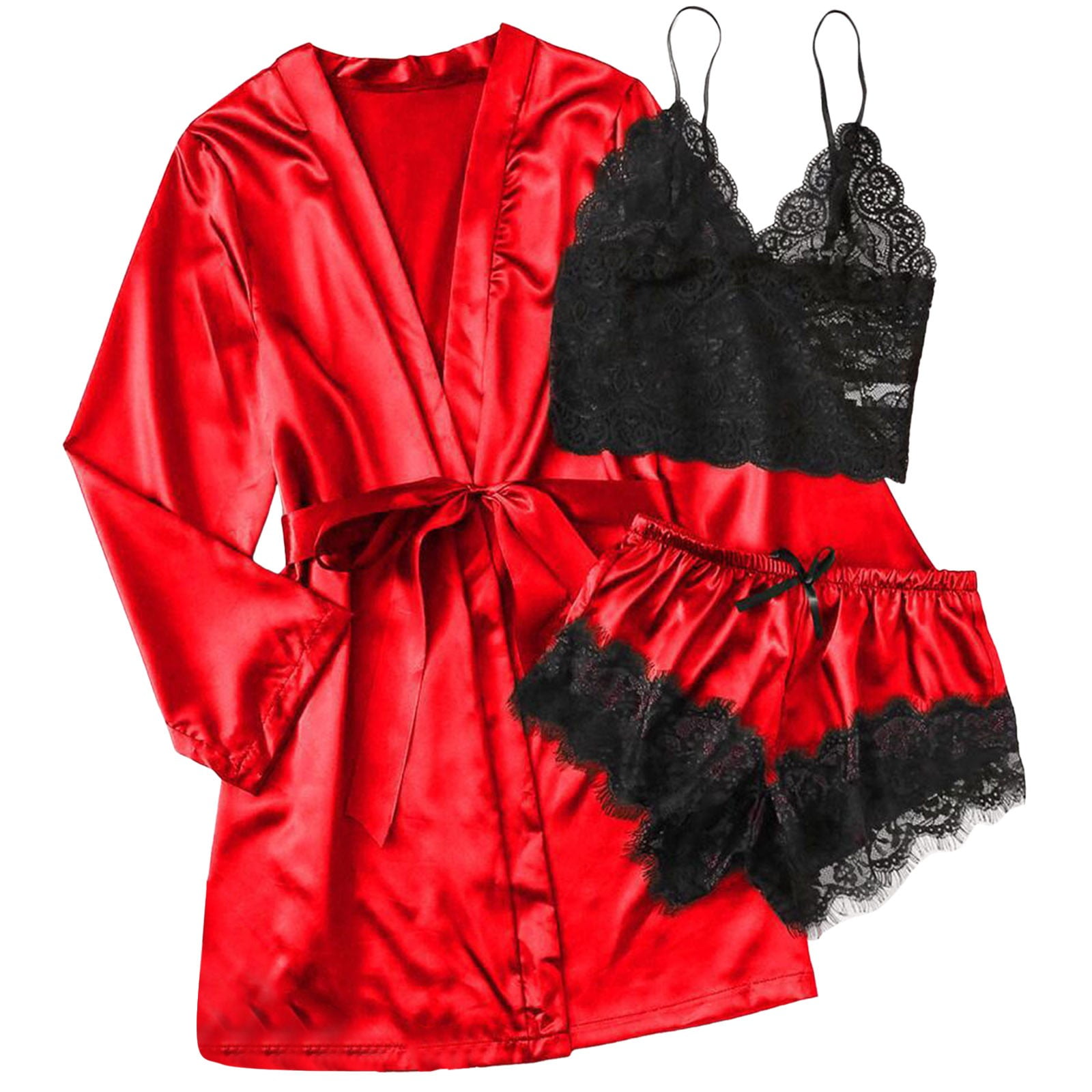 Gunia Womens Valentines Pajama Sets Silk Satin 3Pcs Floral Lace With ...