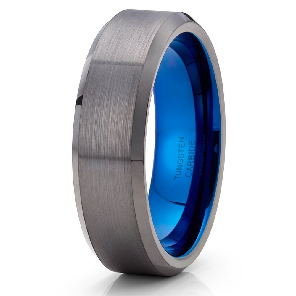 Gunmetal Tungsten Wedding Ring Blue Tungsten Ring Men & Women 6mm Blue ...