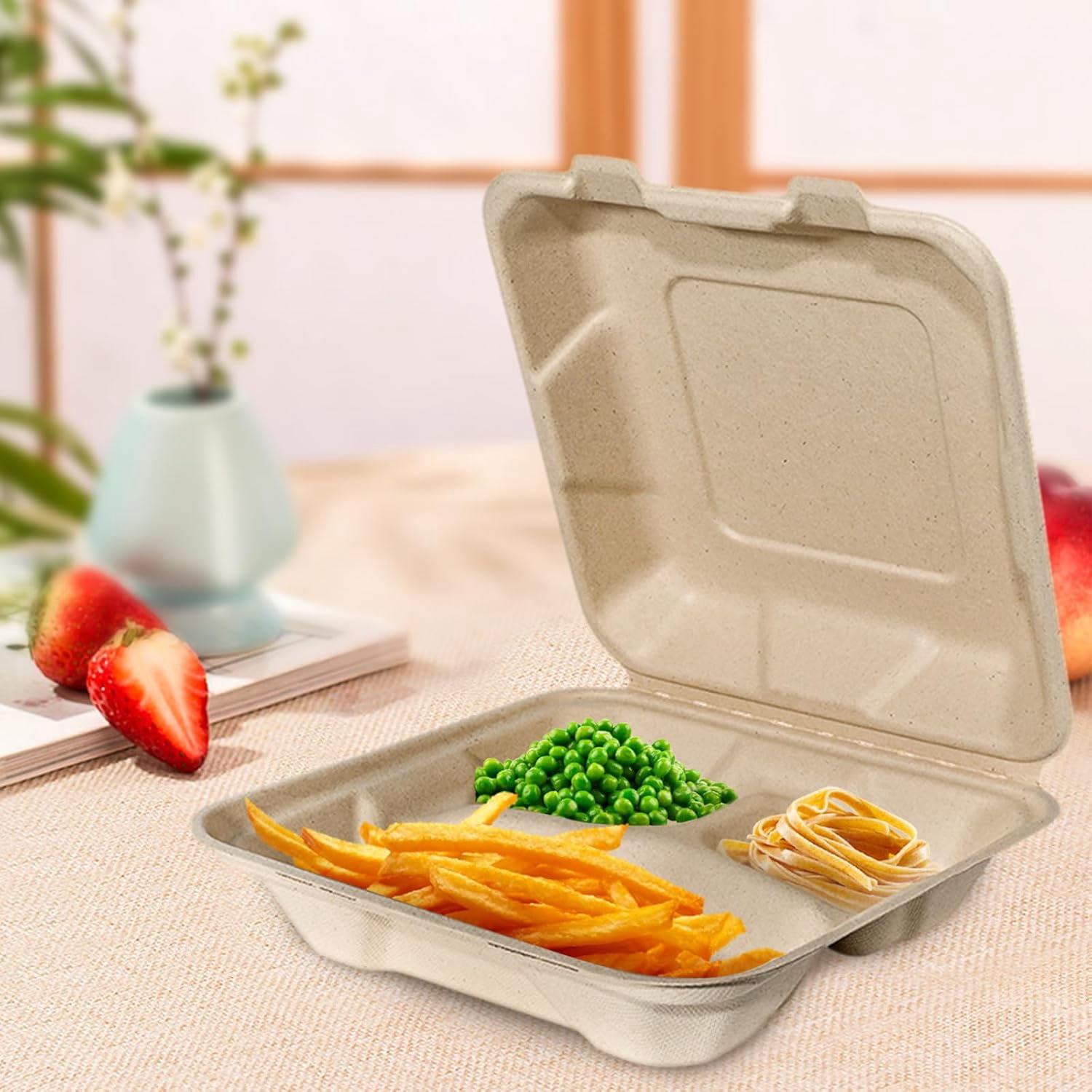 Guo 100 Pack 3 Compartment 8x9 Inch Takeout Lunch Box Containers ...