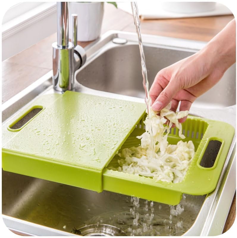 Guo 2-in-1 Over-Sink Cutting Board with Colander, Green, Kitchen Food Prep Board with Draining ...
