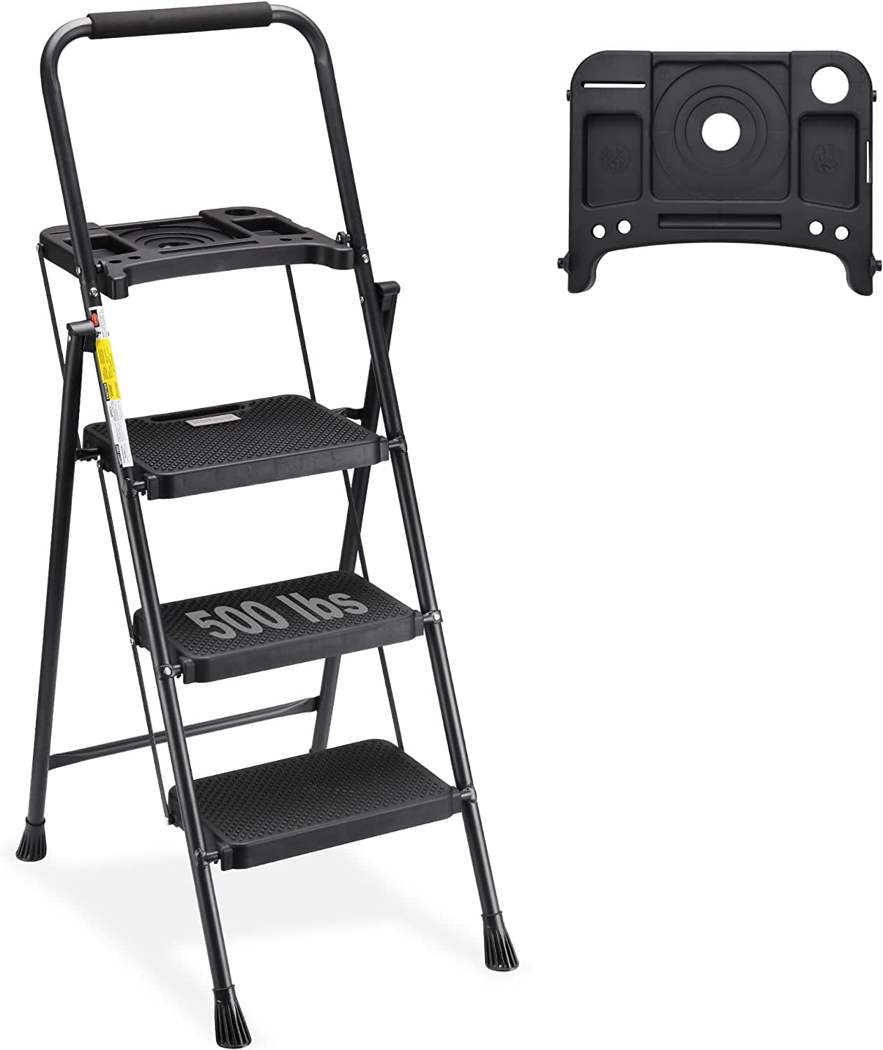 Guo 3 Step Ladder with Tool Tray, Folding Step Stool with Wide Non-Slip ...