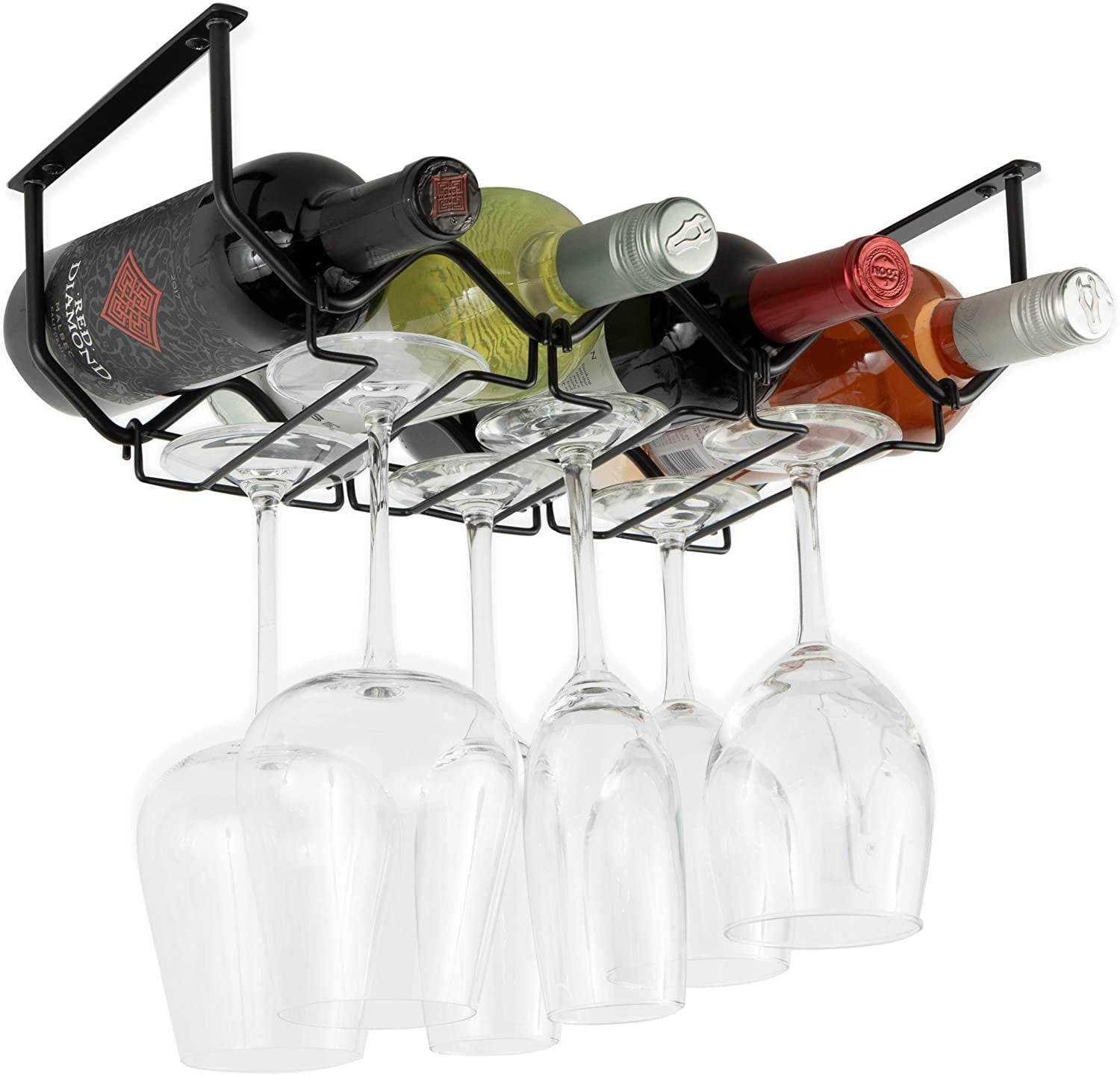 Guo Cabinet Wine Rack & Glasses Holder Kitchen Organization with 4 Bottle Organizer Metal Black ...