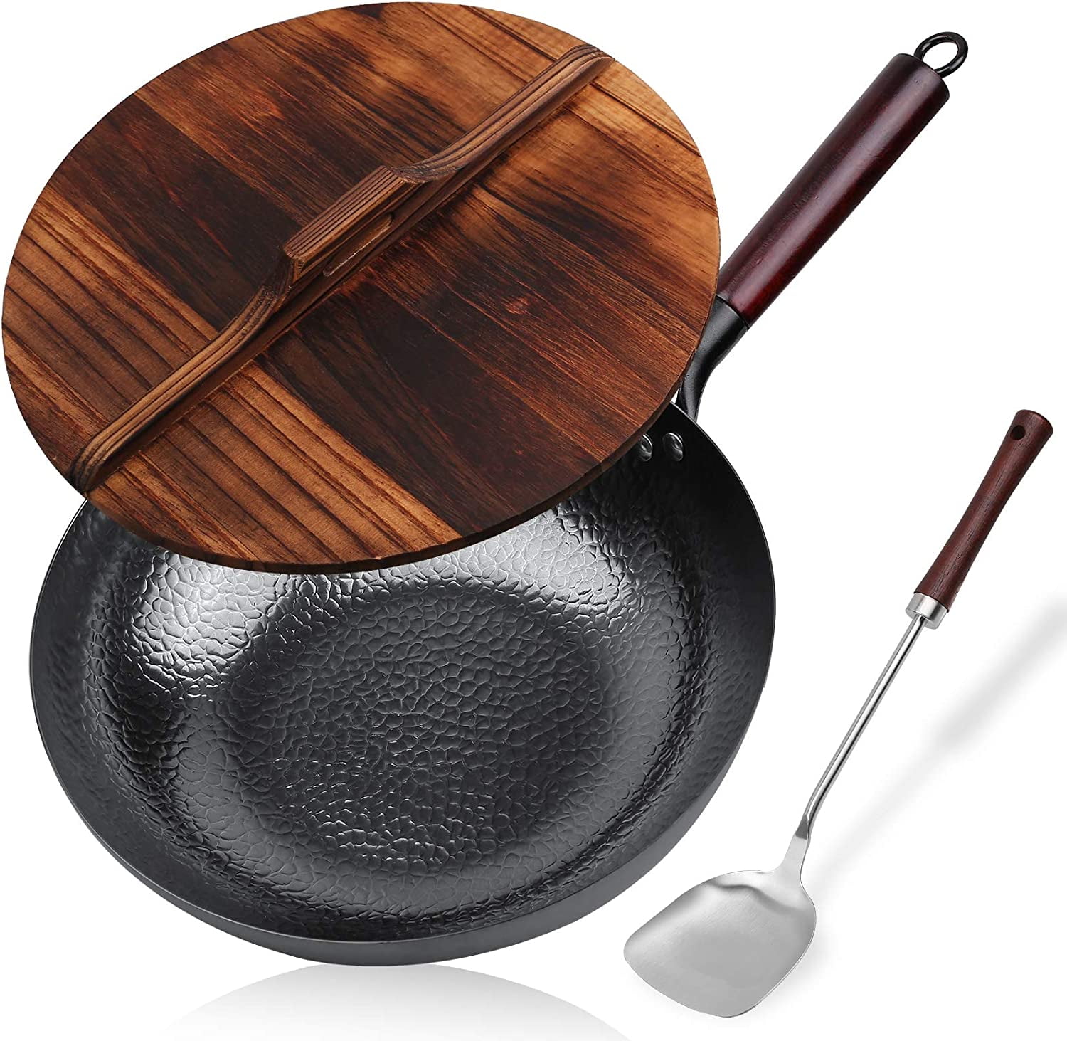 Guo Carbon Steel Wok, Stir Fry Pan Flat Bottom Pan, Iron Wok with lid ...