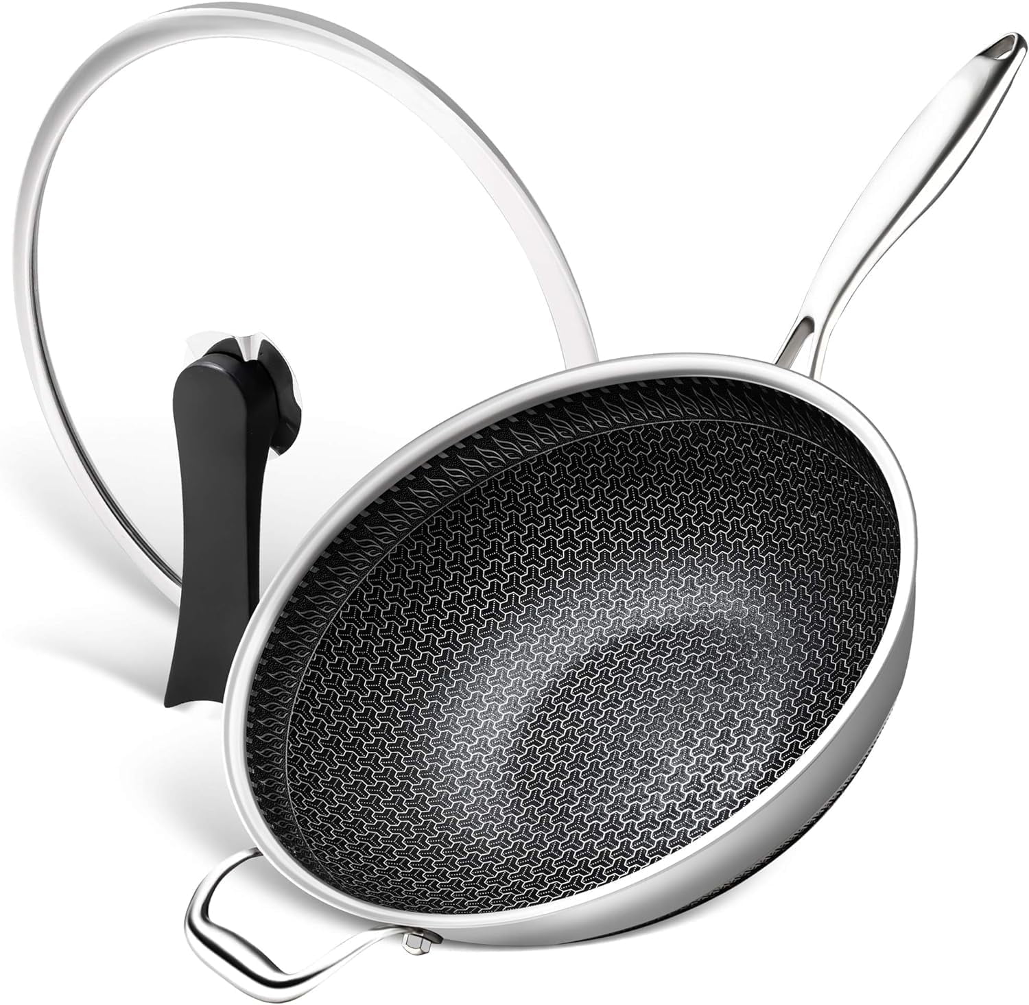 Guo Wok Pan with Lid, 12 Inch Stainless Steel Wok with Spider Strainer ...