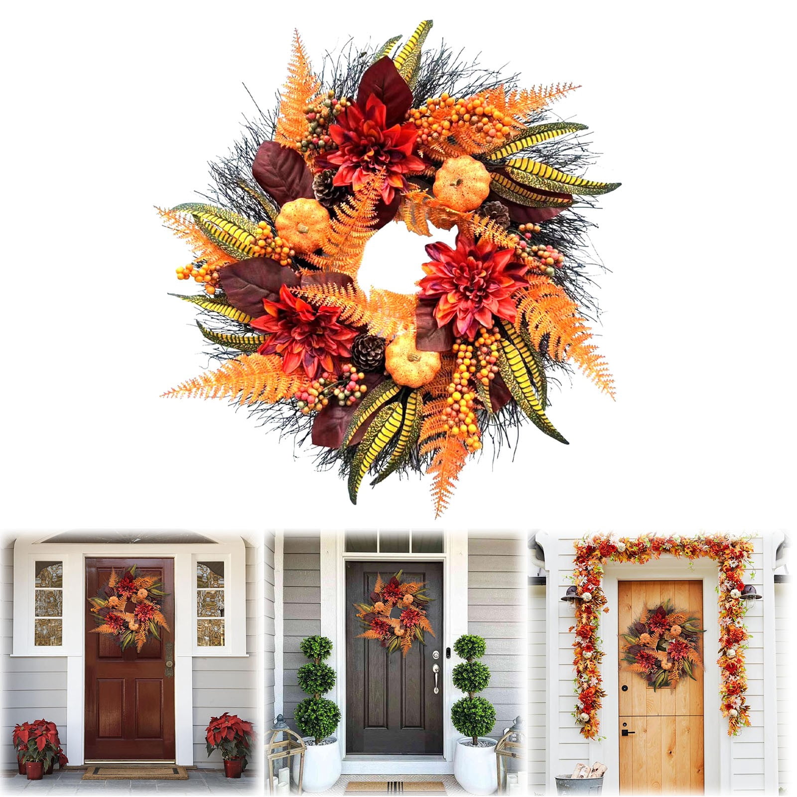 Guopo Artificial Fall Wreath 19.6'' Autumn Front Door Wreath With ...