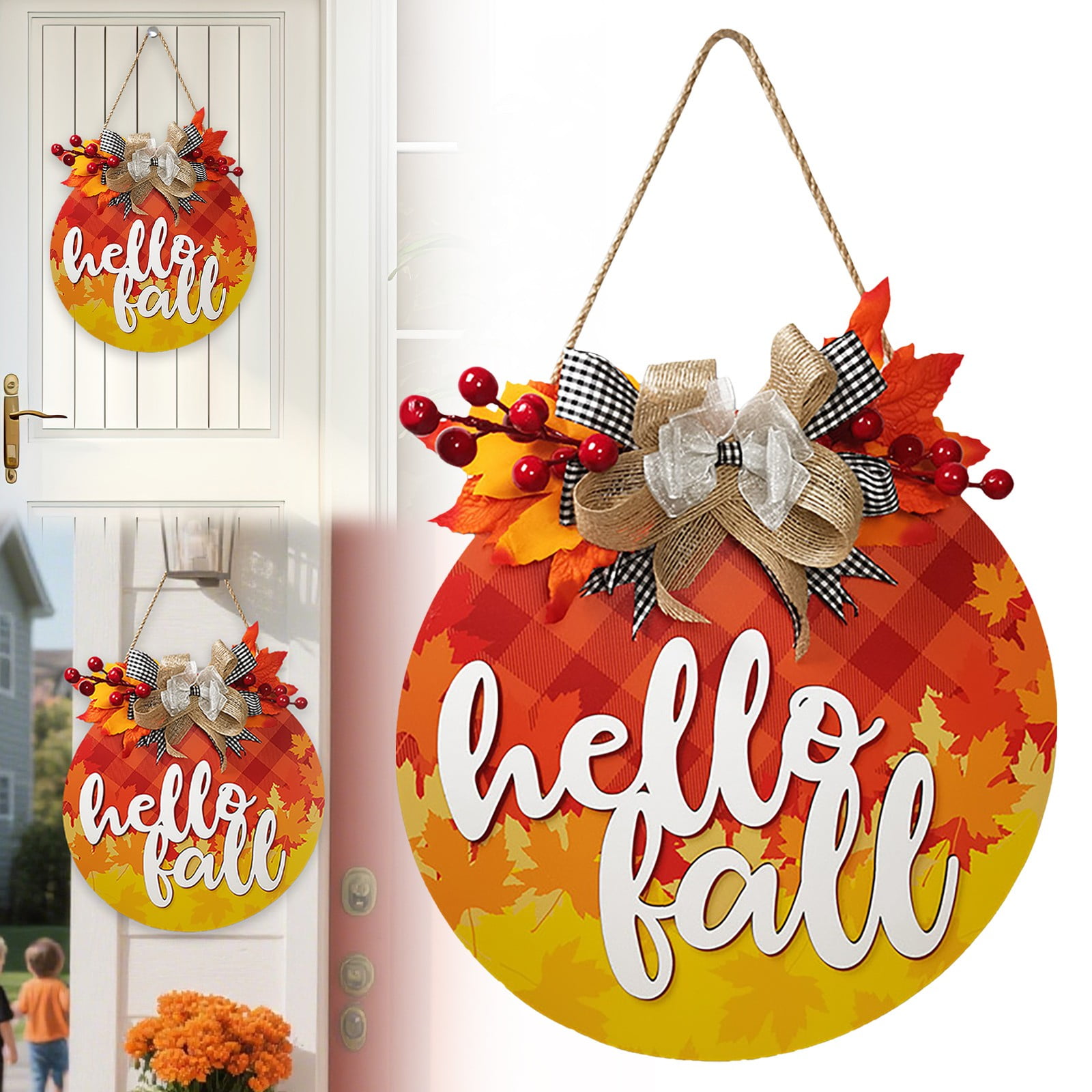 Guopo For Front Door Fall Door Sign With Bow Maple Leaves And Berries ...