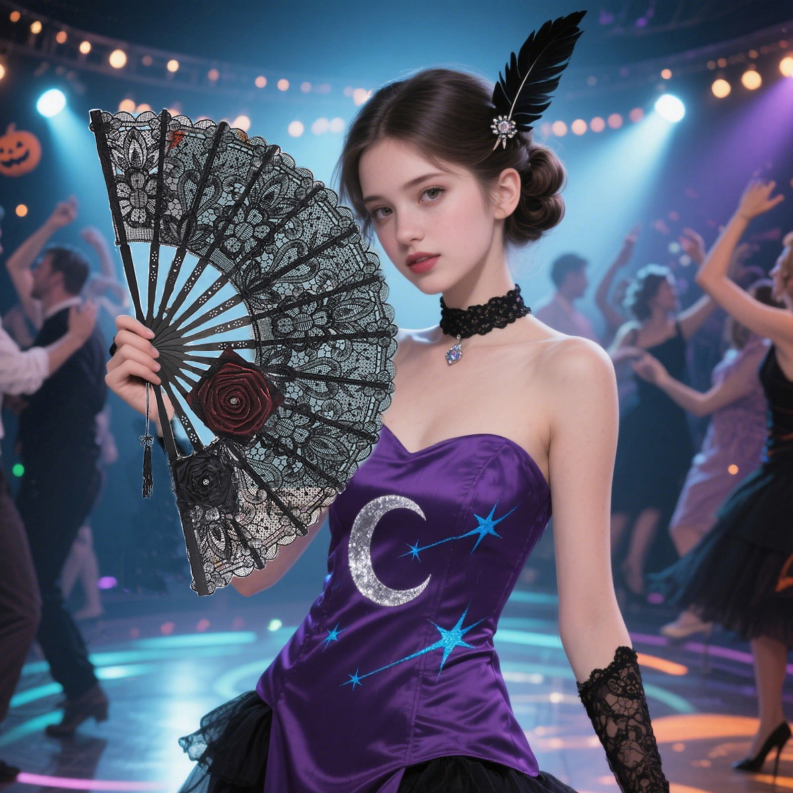 Guopo Halloween Black Hand Fan Lace Rose Handheld Retro Flower Spanish Large Folding Fan For ...