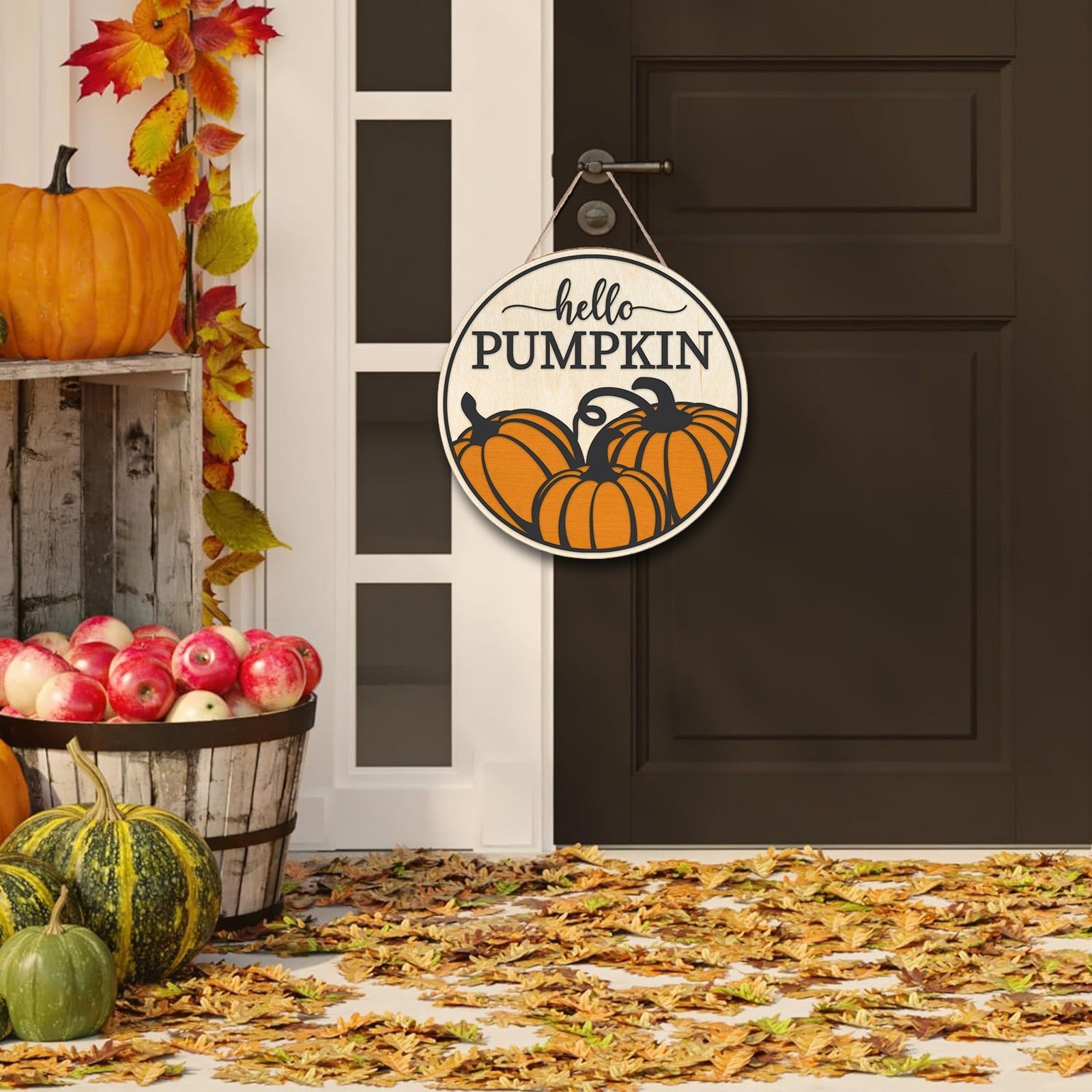 Guopo Halloween Decorations Hello Fall Door Sign – Pumpkin Wreath ...