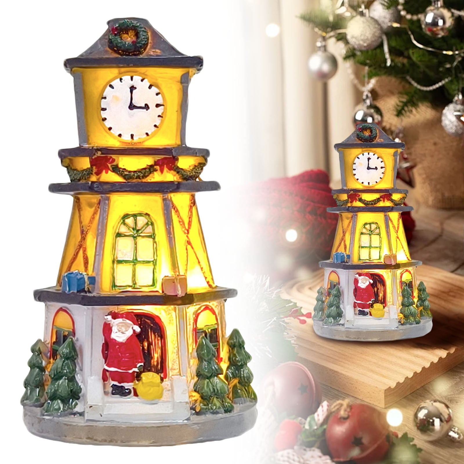 Guopo Lighted Christmas Village Clock Tower Desktop Ornament With LED ...