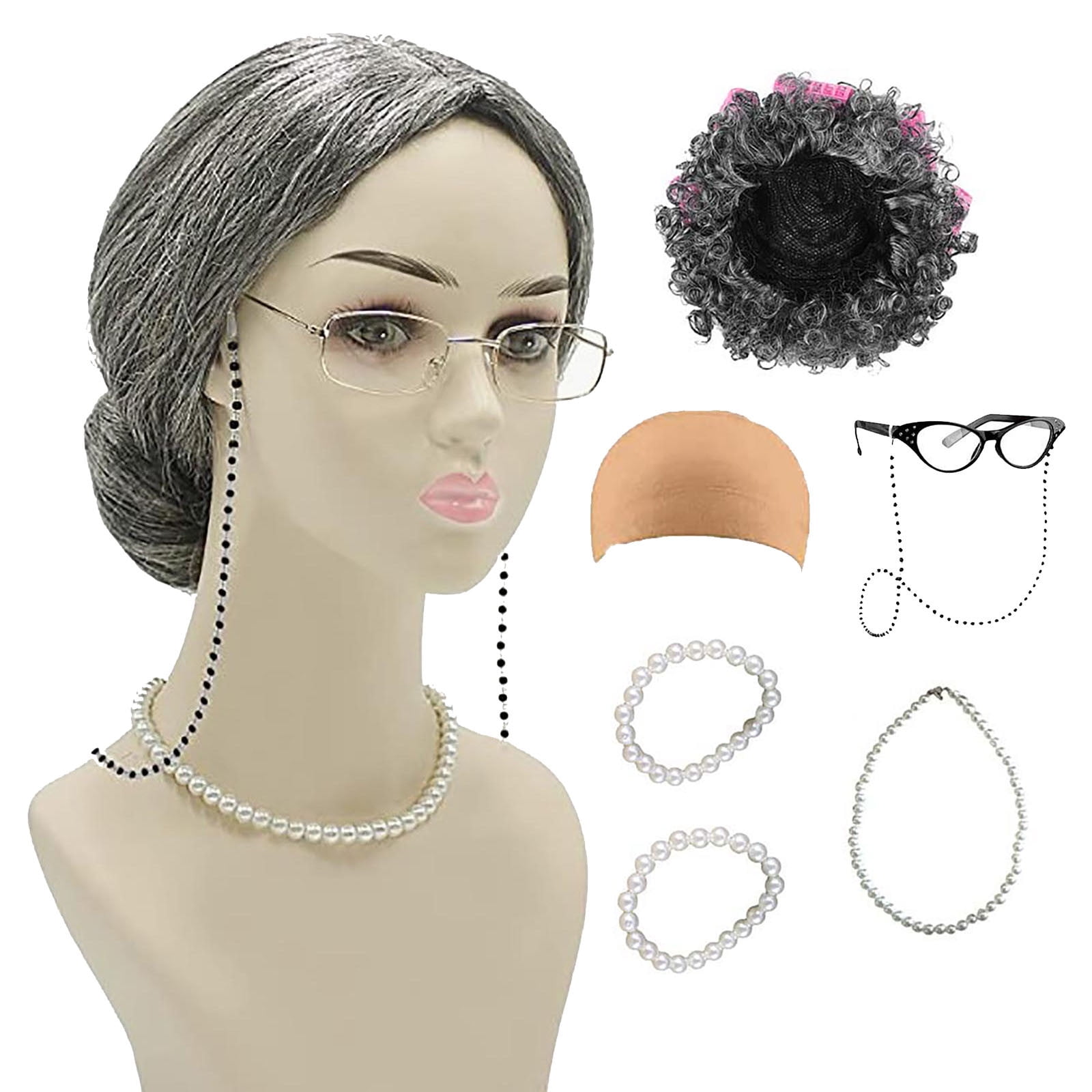 Guoxxzi 7 Wigs Wig Grandma COS Suit Chain Eyeglasses Pearl Necklace ...