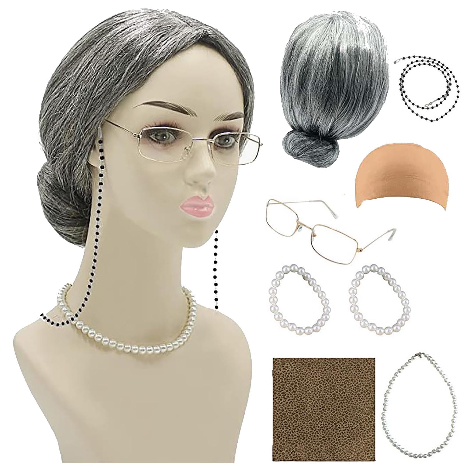 Guoxxzi 7 Wigs Wig Grandma COS Suit Chain Eyeglasses Pearl Necklace ...