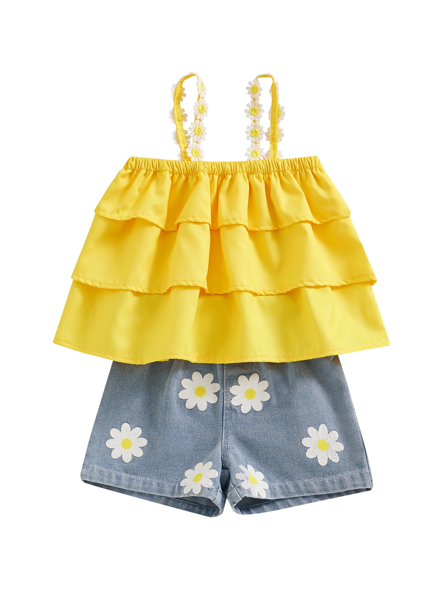 Gupgi 0-4Y Girls Summer 2Pcs Shorts Sets Yellow Tiered Ruffle Camisole ...