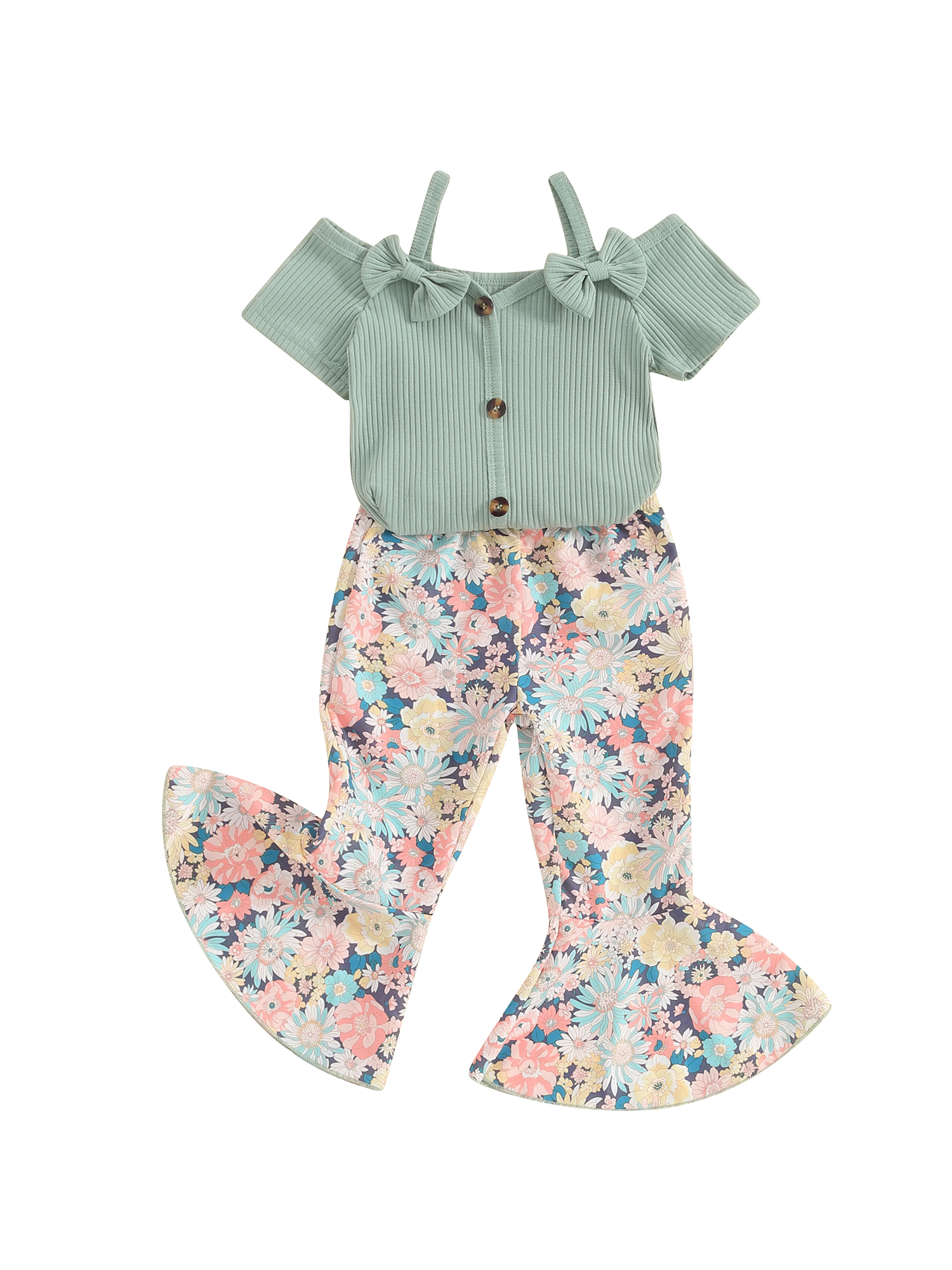 Gupgi Kid Girls Pants Set, Short Sleeve Bow T-shirt with Flower Print ...