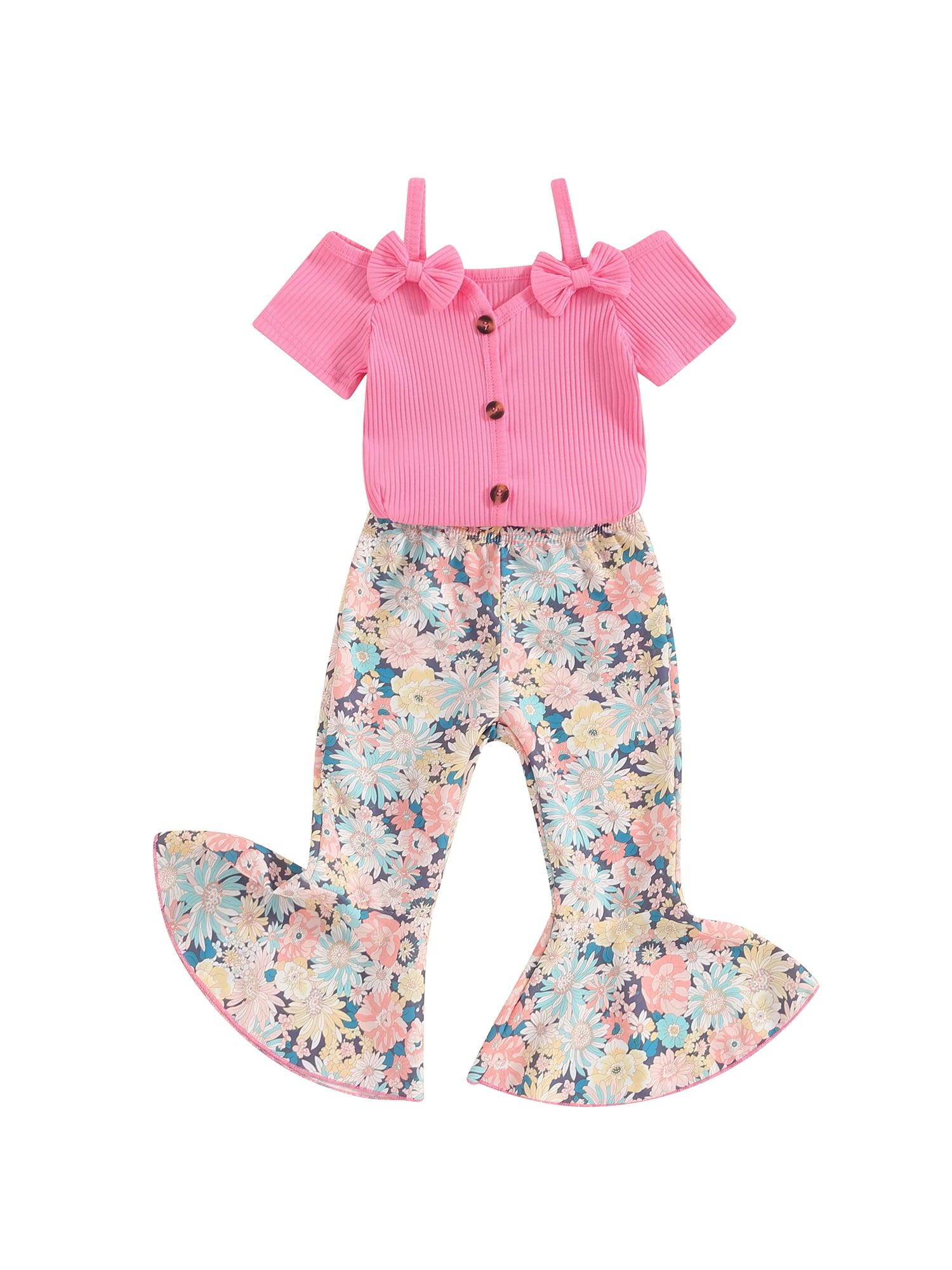 Gupgi Kid Girls Pants Set, Short Sleeve Bow T-shirt with Flower Print ...