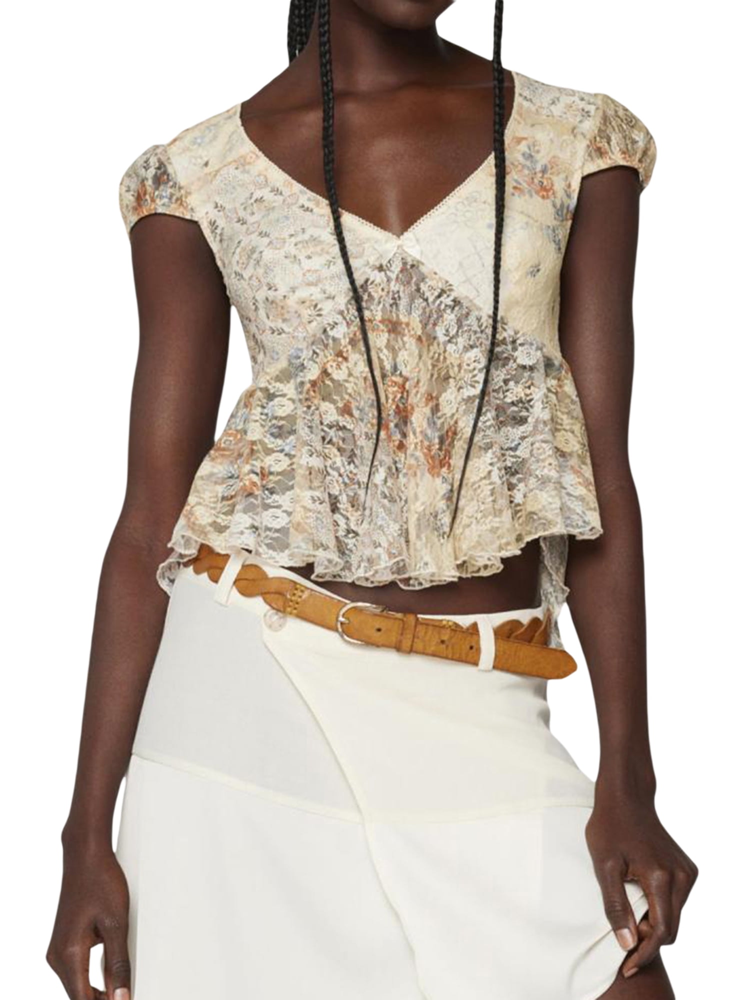 Gupgi Women Basic Lace T-Shirt Summer Sheer V-Neck Babydoll Short ...