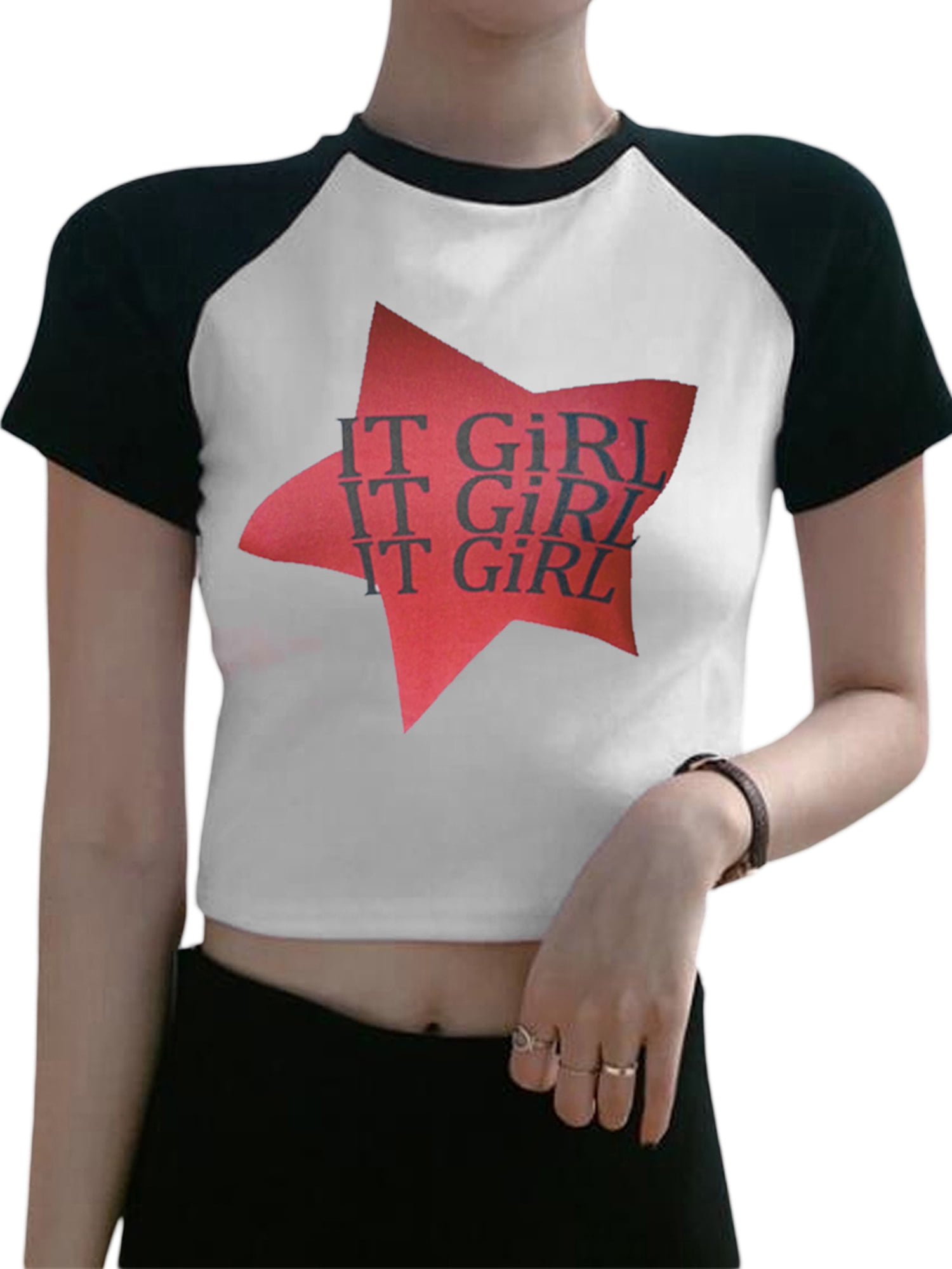 Gupgi Women Star Print Crop Top Short Sleeve Vintage Tees Slim Fit