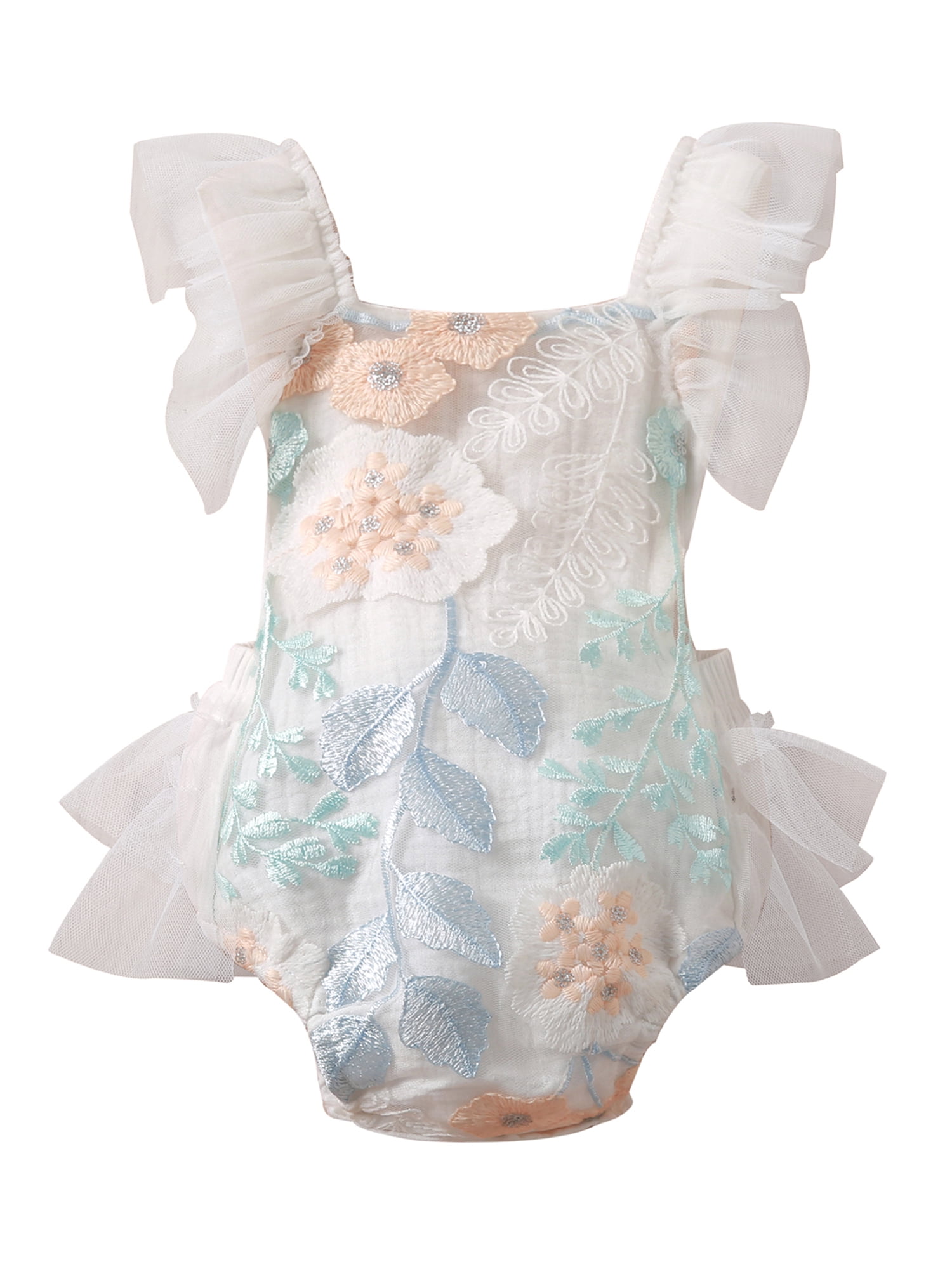 Gureui Newborn Baby Girl Outfits Ruffle Lace Romper Jumpsuit Embroidered Flower Backless Tulle ...