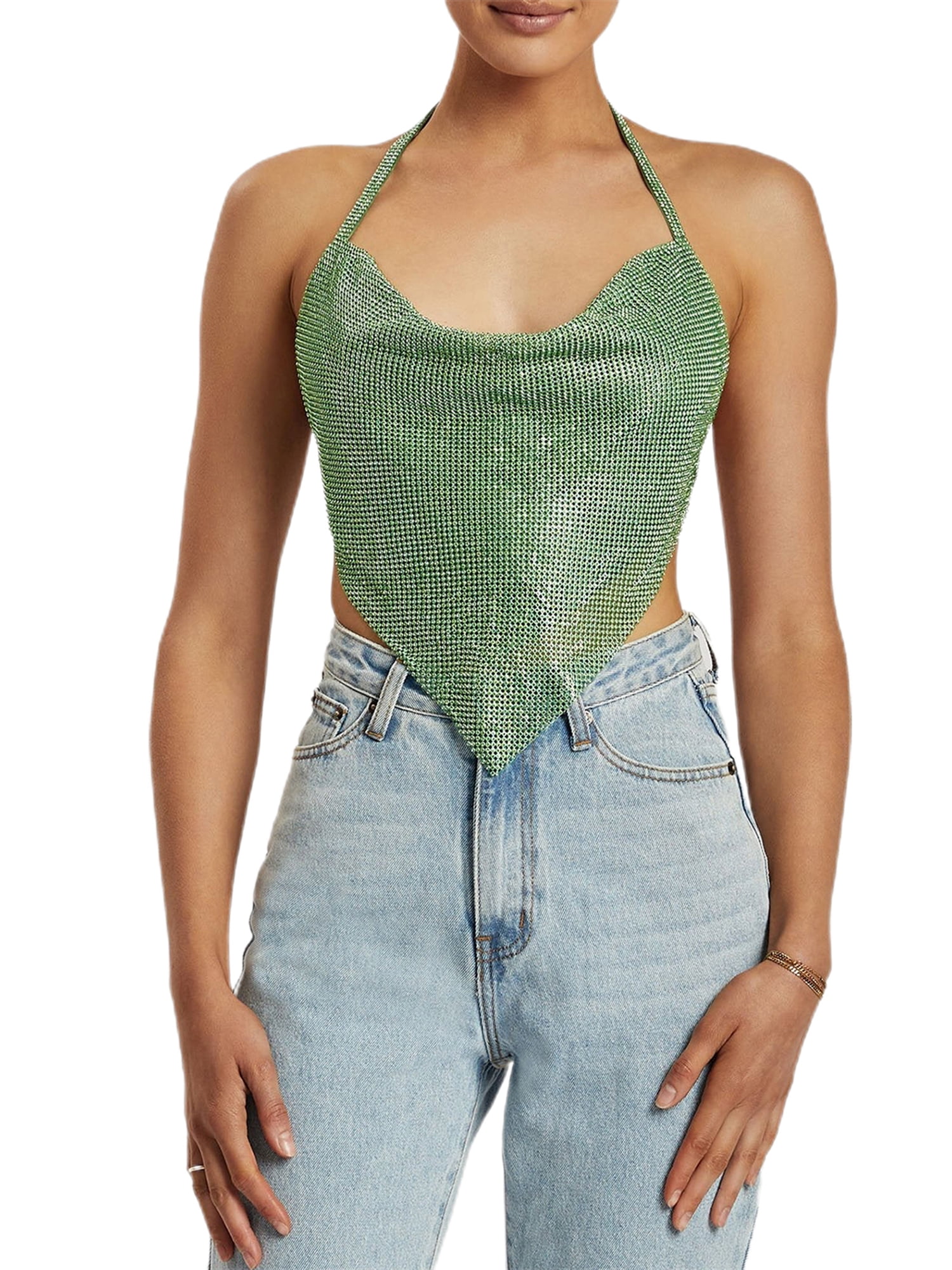 Gureui Womens Sparkly Halter Tank Tops Backless Chains Linked Cowl