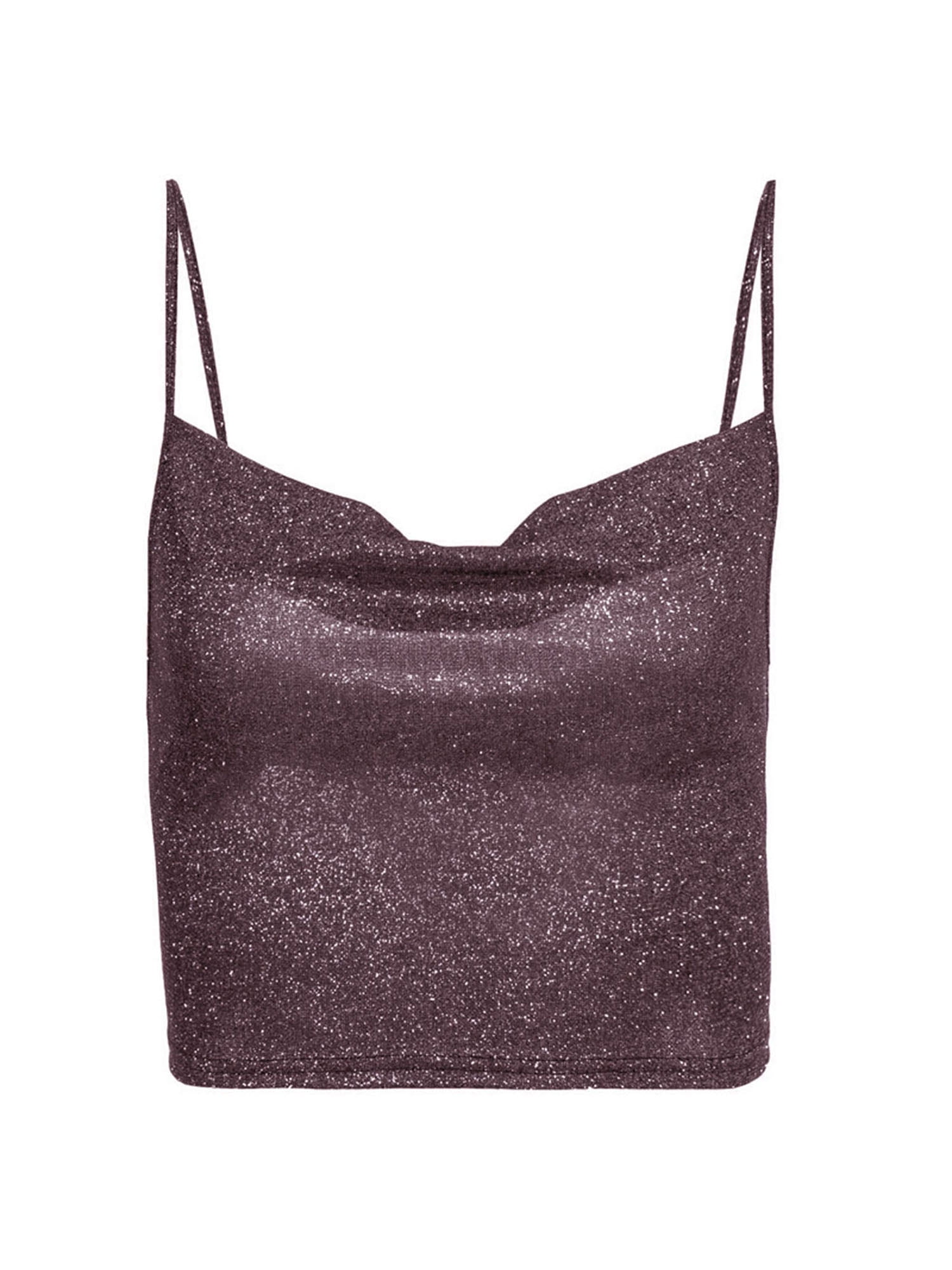 Gureui Women's Summer Crop Top, Black Shiny Thin Shoulder Belt ...