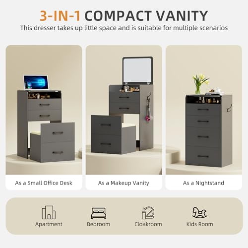 Gurexl 3 in 1 Vanity Desk with Flip Top Mirror,Small Make Up Vanity Set ...