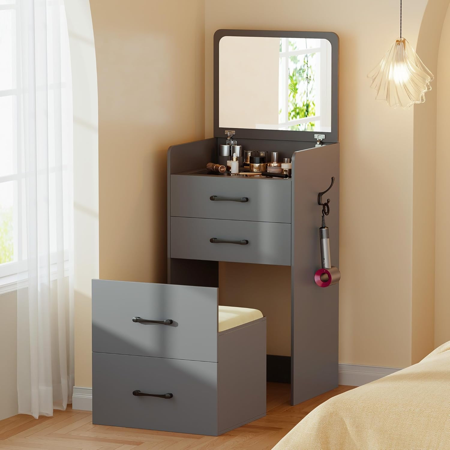 Gurexl 3 in 1 Vanity Desk with Plip Top Mirror,Small Make Up Vanity Set ...