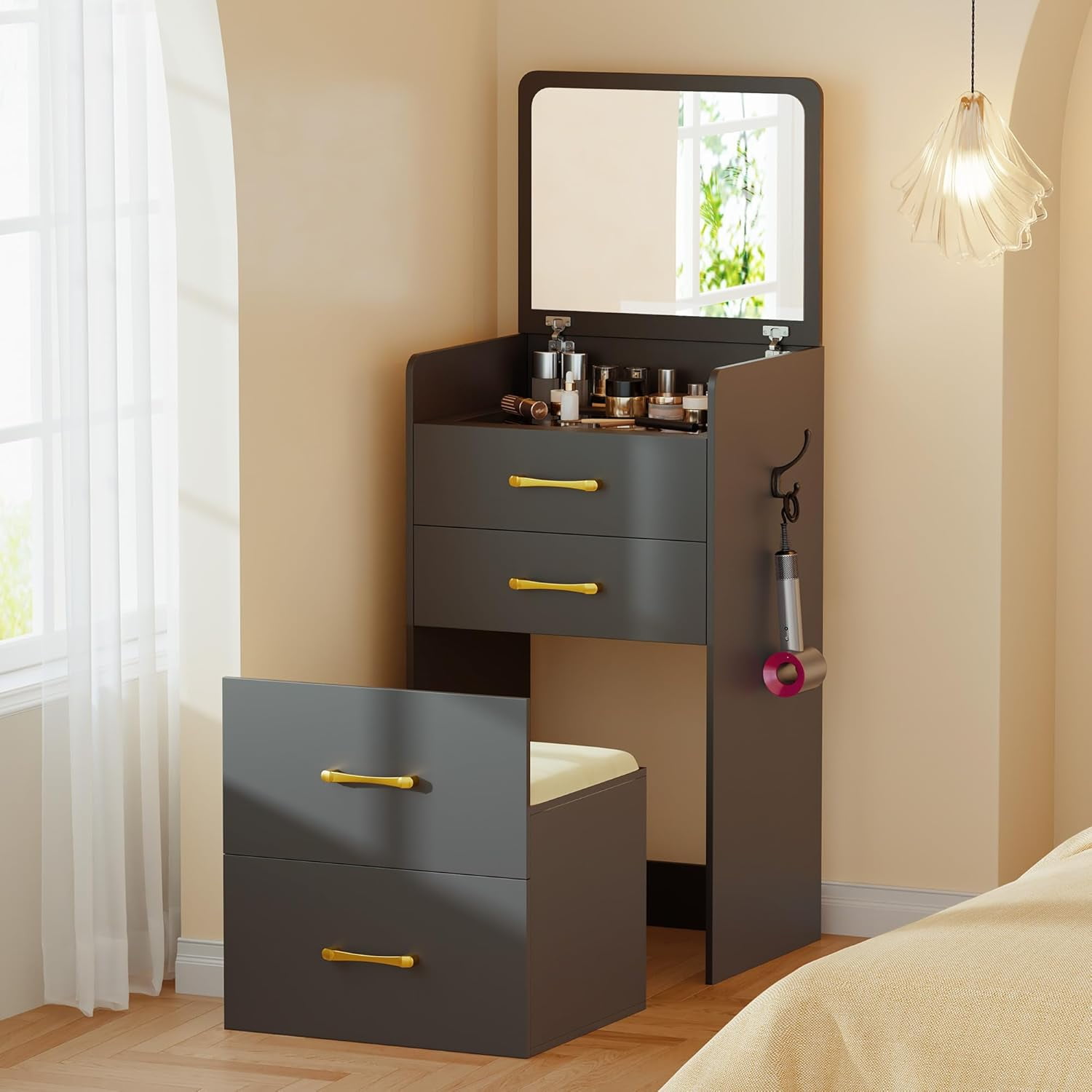 Gurexl 3 in 1 Vanity Desk with Plip Top Mirror,Small Make Up Vanity Set ...