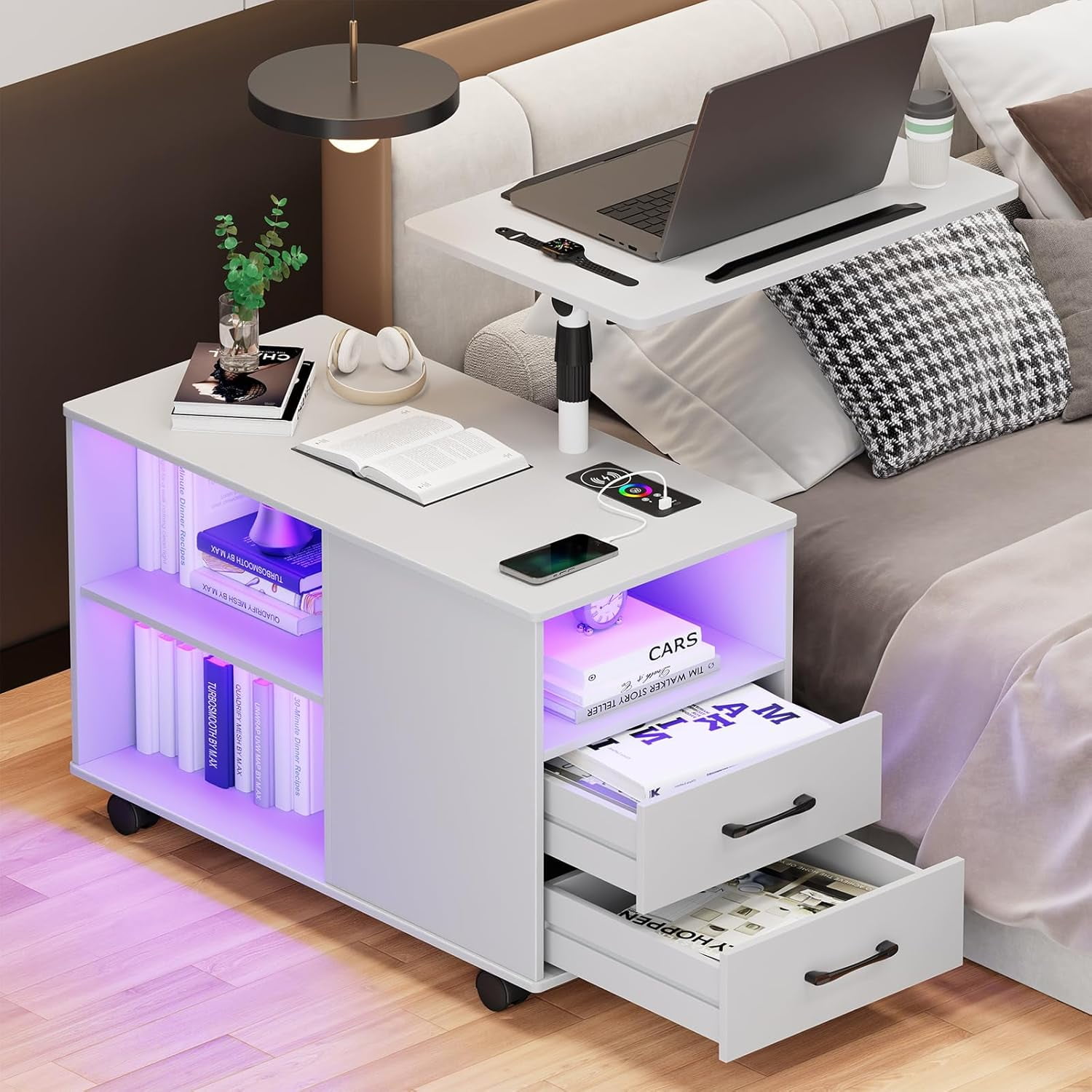 Gurexl 360° LED Nightstand with Wireless Charging Station, Movable ...