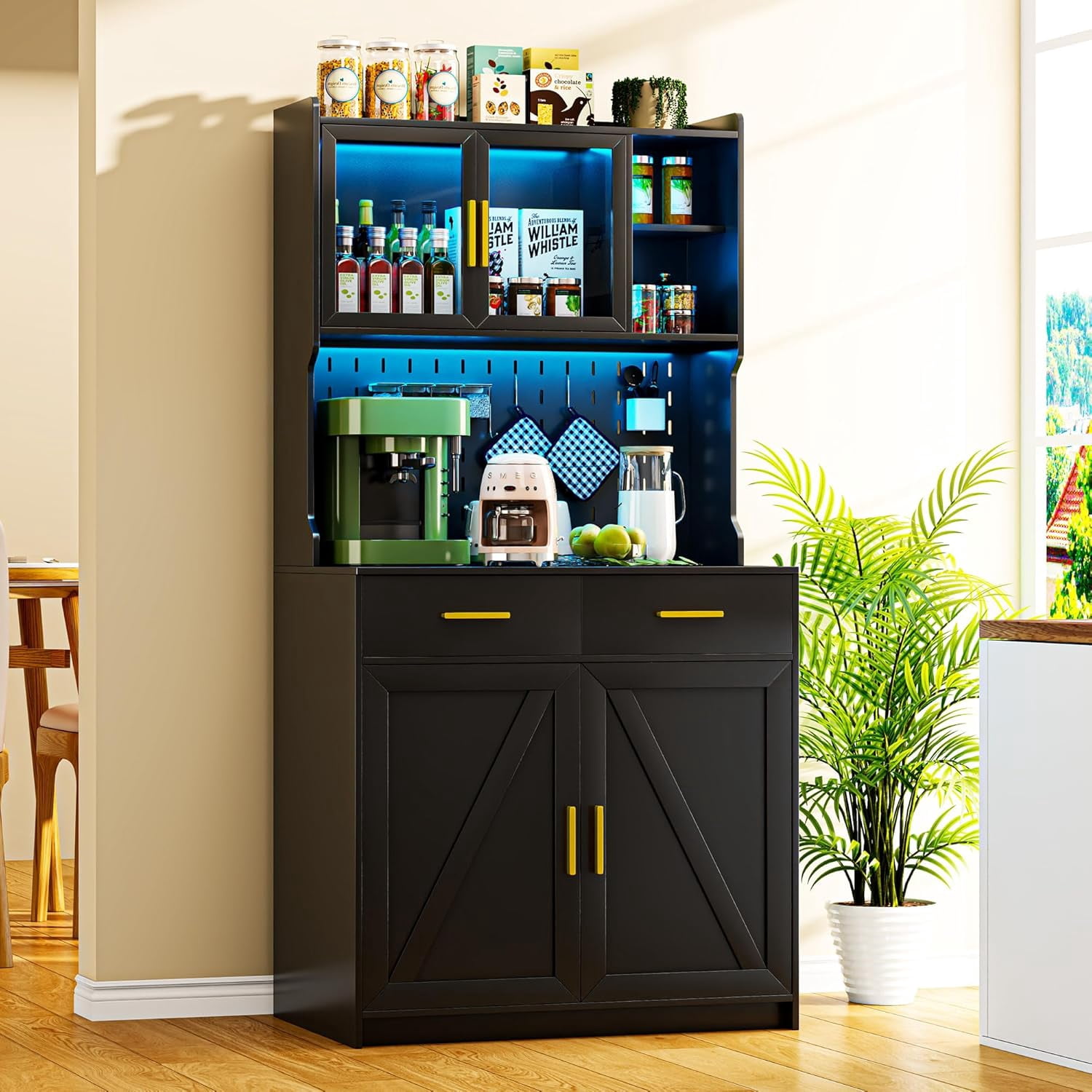 Gurexl 64" Farmhouse Kitchen Pantry with Auto Sensor LED,Storage ...