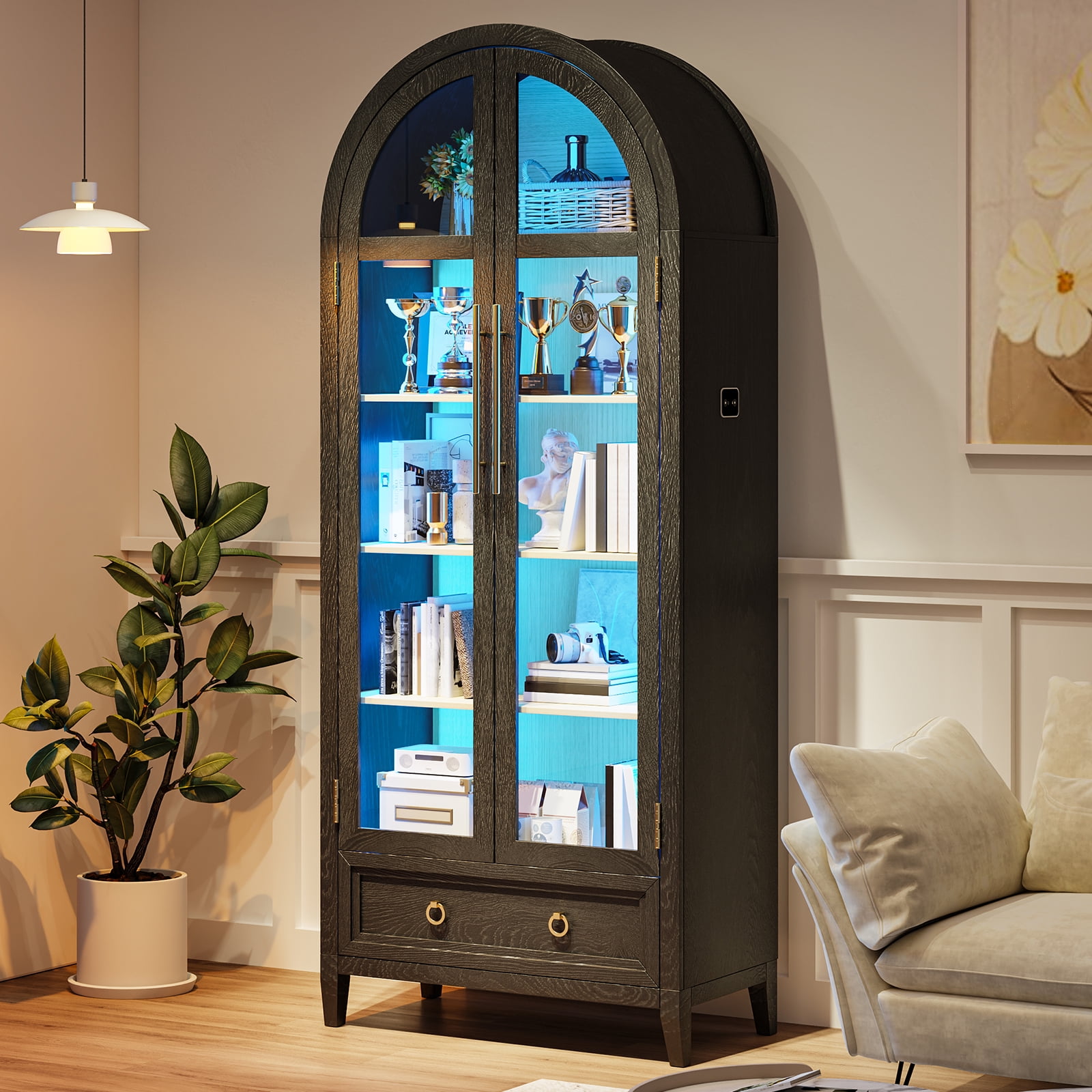 Gurexl Arched Display Cabinet with LED Lights, 71"Bookcase with ...