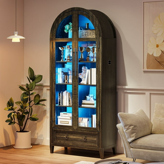 Gurexl Arched Display Cabinet with LED Lights, 71"Bookcase with ...