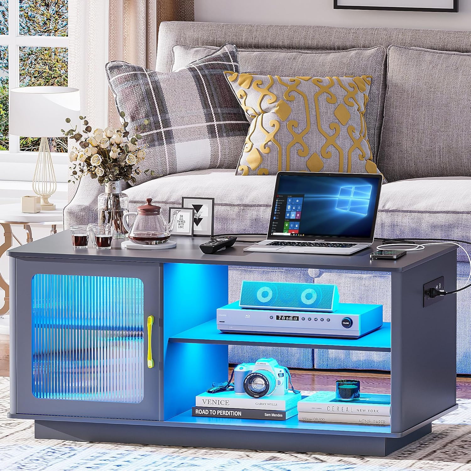 Gurexl Coffee Table with Charging Station, 3 Color Dimmabl Dining Table ...