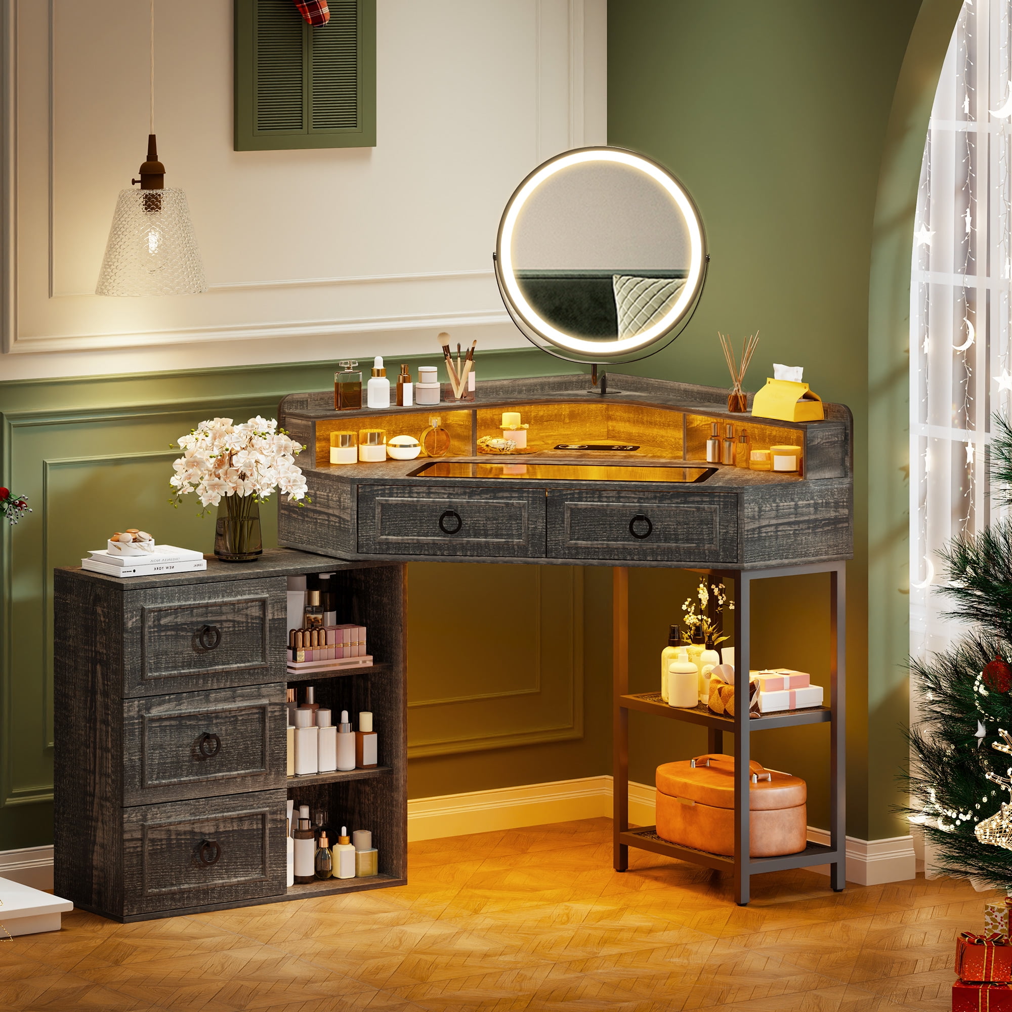 Gurexl Corner Vanity Desk with LED Rotating Mirror and Lights, Make Up ...