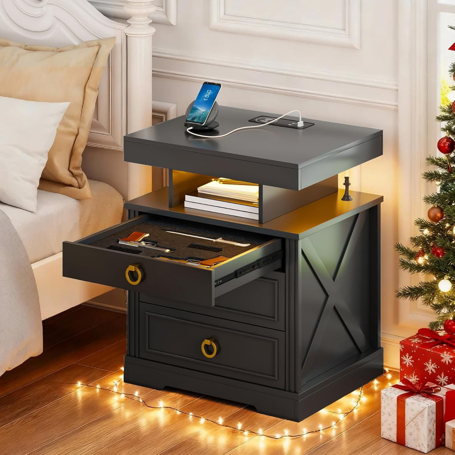 Gurexl Farmhouse Night Stand with Lockable Gun Drawer,LED Nightstand ...