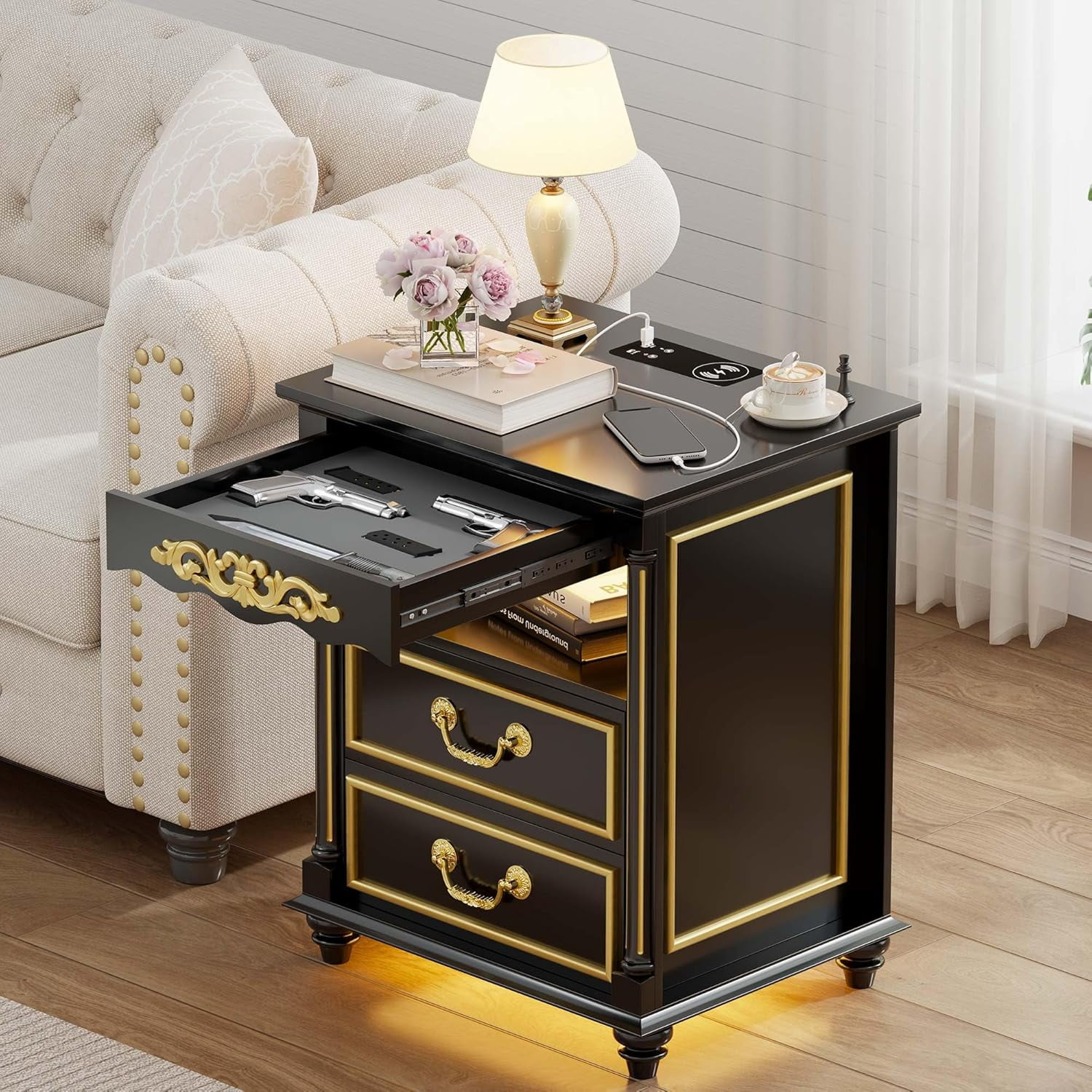 Gurexl Farmhouse Nightstand with Gun Drawer, 20" Vintage Bedside Table ...